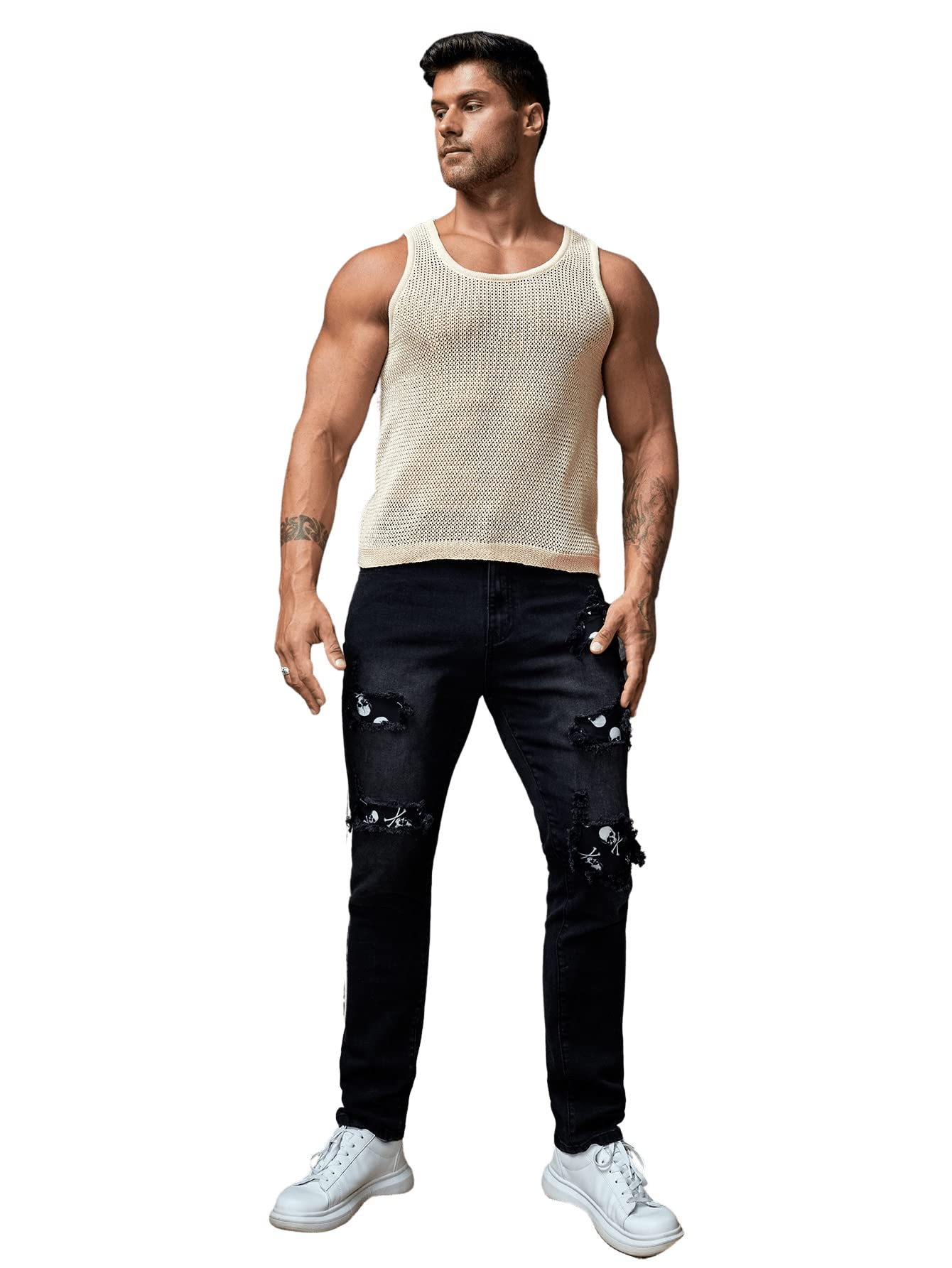 Verdusa Men's Casual Sleeveless Round Neck Sheer Knitted Tank Muscle Top Beige XL