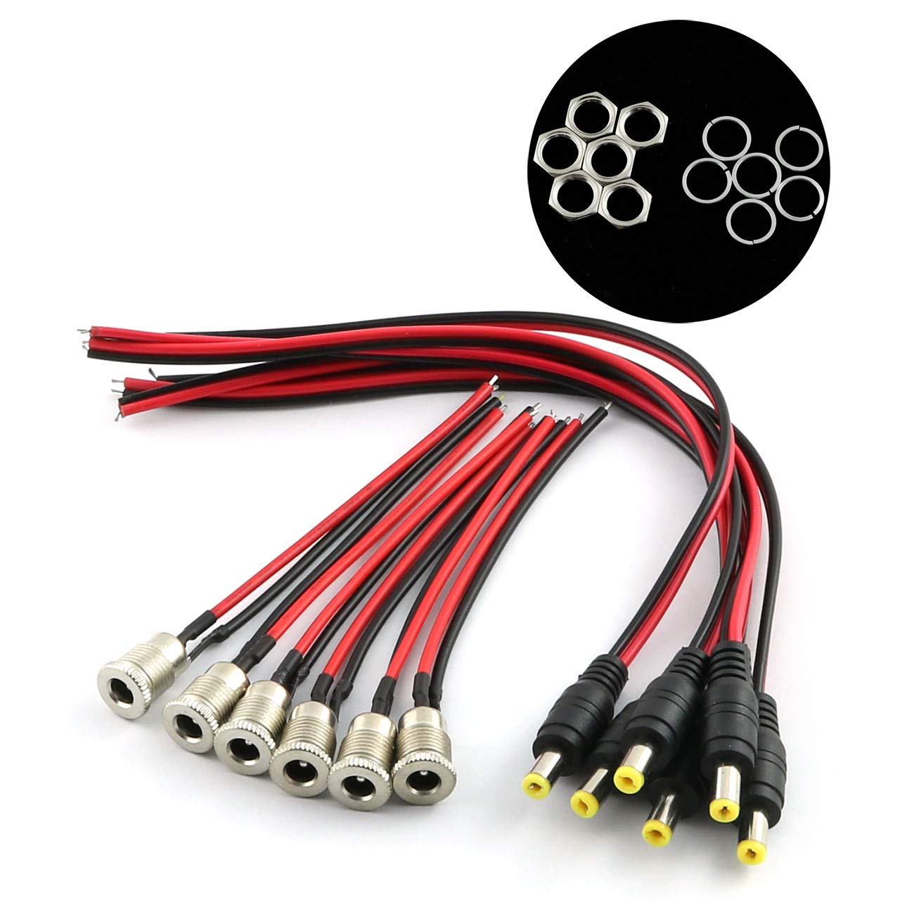 ZRM&E 6pcs 5A DC Power Connector 5.5 x 2.1mm Jack Socket Threaded Female Adapter with Cable+ 6pcs 5.5 x 2.1mm DC Male Barrel Socket Jack Plug with Wire
