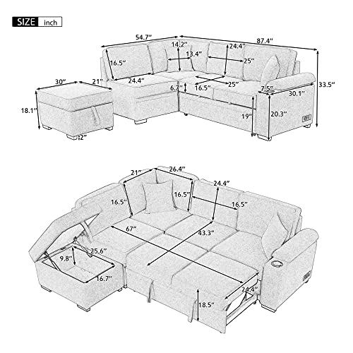 Verfur 87.4" Reversible Sleeper Sofa Bed, 2 in 1 Convertible Pull Out Sofabed with Cupholder, L Shaped Corner Couch with Storage Ottoman for Living Room,Bedroom and Small Apartment