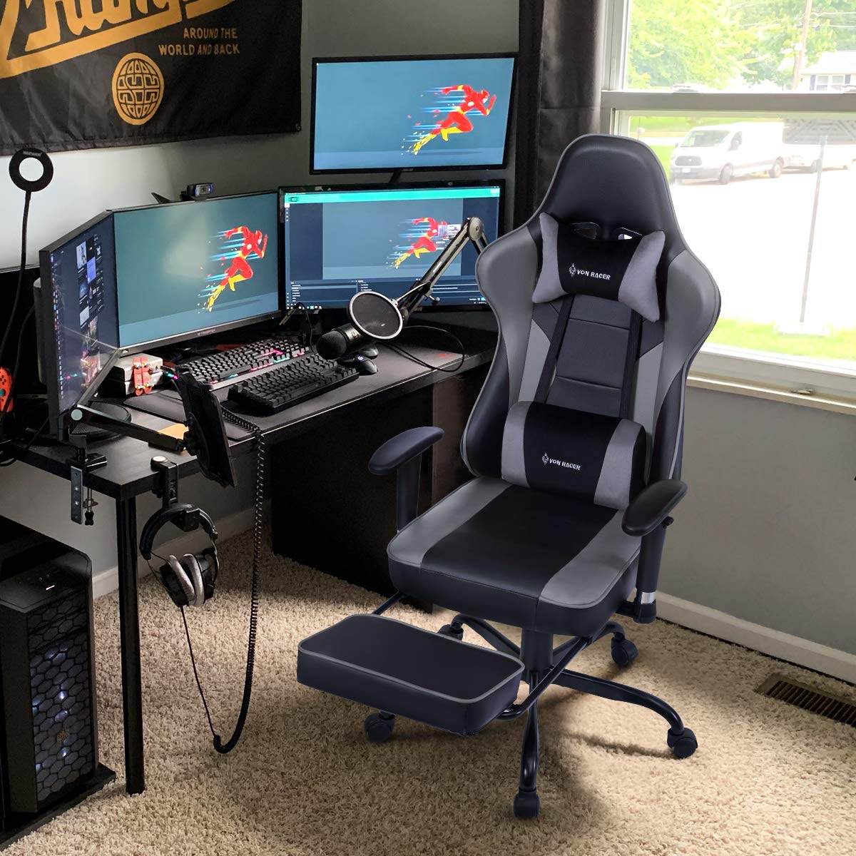 VON RACER Massage Gaming Chair - High Back Racing PC Computer Desk Office Chair Swivel Ergonomic Executive Leather Chair with Footrest and Adjustable Armrests, Gray/Black