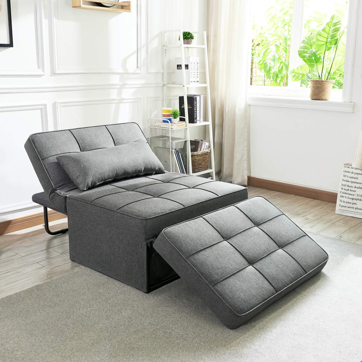 Vonanda Ottoman Folding Chair Bed, Modern Velvet Sleeper Sofa Multi-Position Convertible Couch Lounger Guest Bed with Pillow for Small Space, Velvet Gray