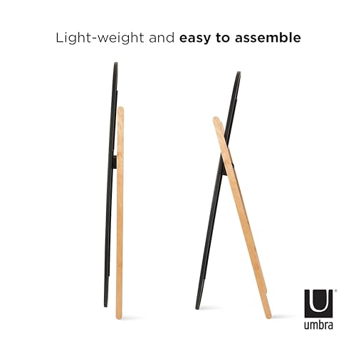 Umbra Hub Floor Length Mirror with Storage Rack, Modern Black Rubber Rim and Solid Wood Storage Ladder, Black/Natural Finish
