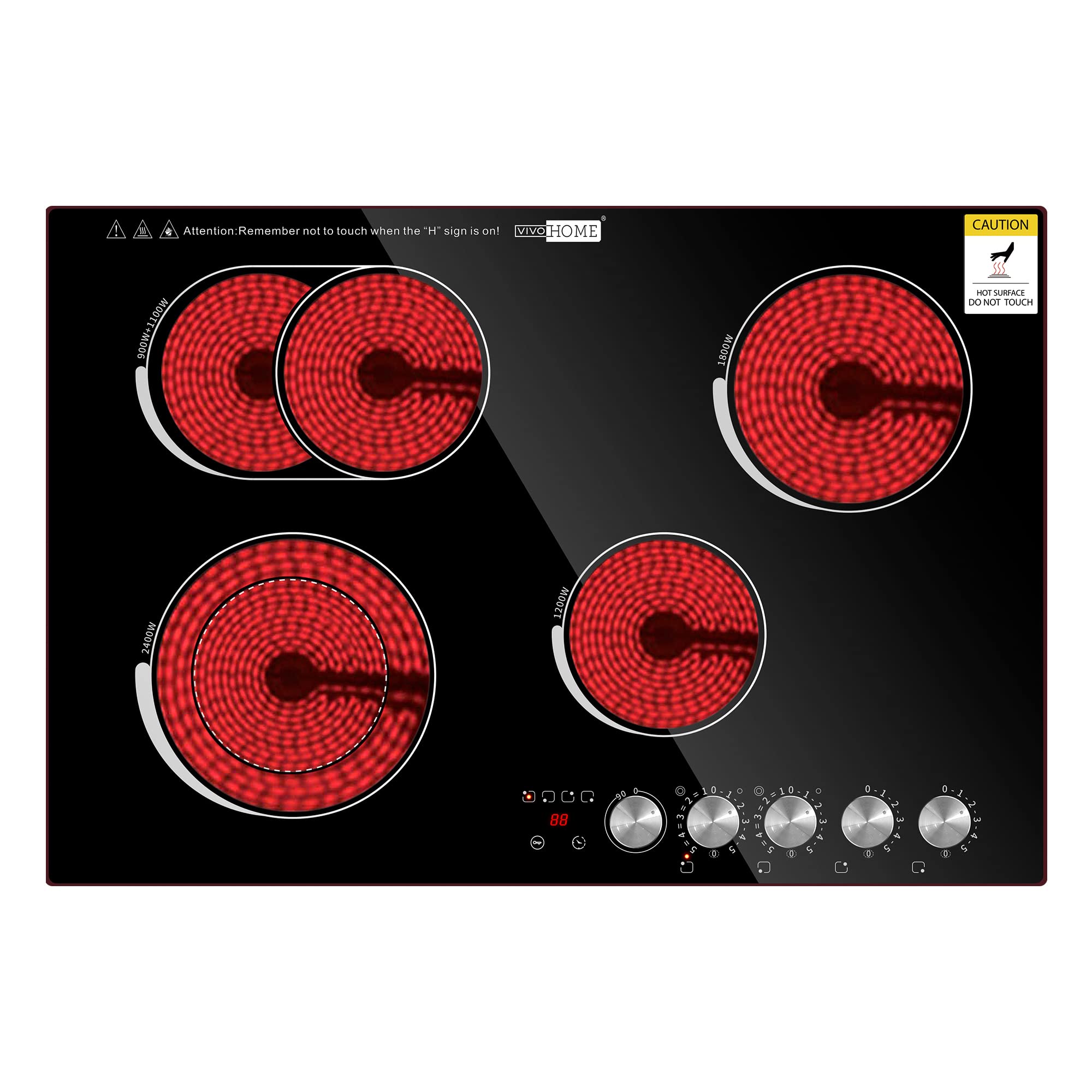 VIVOHOME 29 Inch 4 Burner 7400W Electric Radiant Cooktop with 5 Heating Level and 90-min Timer, Black