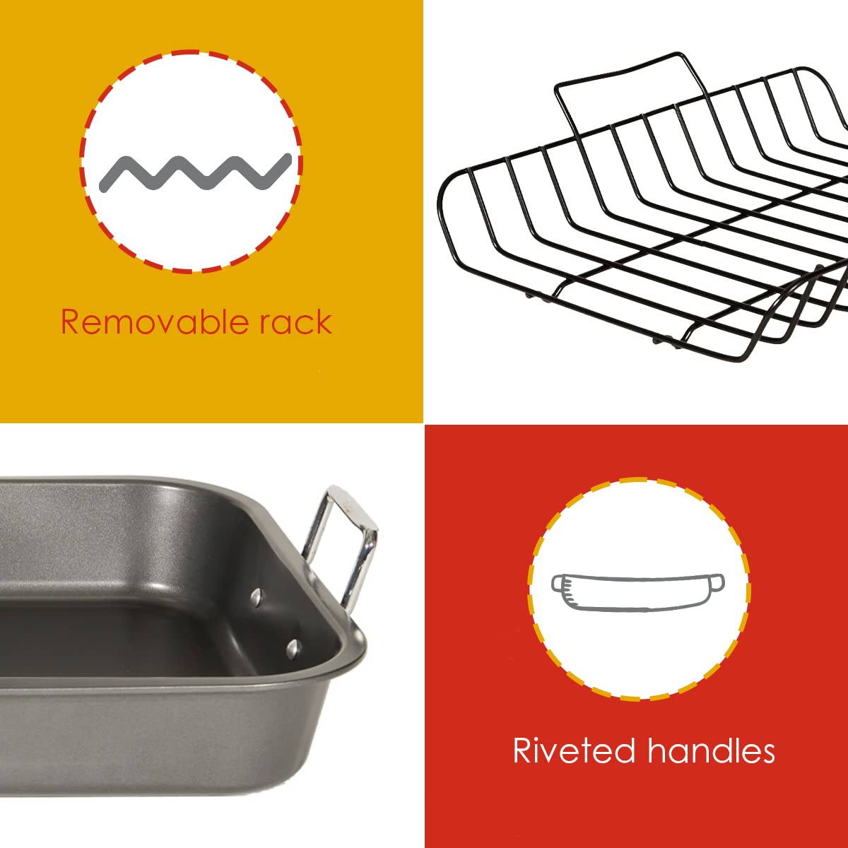 Turkey Roasting Pan With Rack (Grey/Black), By Home Basics | Carbon Steel Non-Stick Pan With Handles | 20" Roaster Great For Ham, Roast Beef, and Prime Rib, Gray, 22"x14.25"