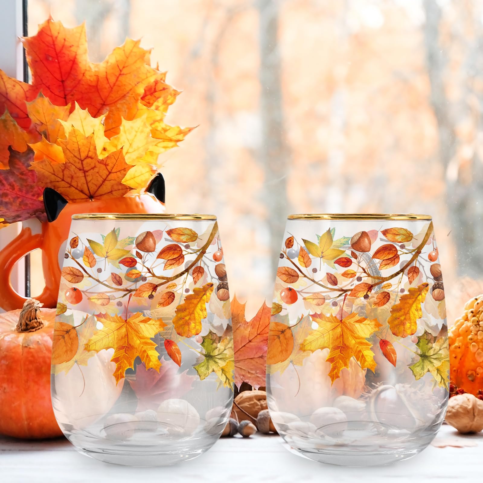 Whaline 2Pcs Fall Stemless Wine Glasses 17oz Maple Leaf Drinking Glasses with Gold Rim Autumn Leaves Tumbler Cups for Party Supplies Gifts