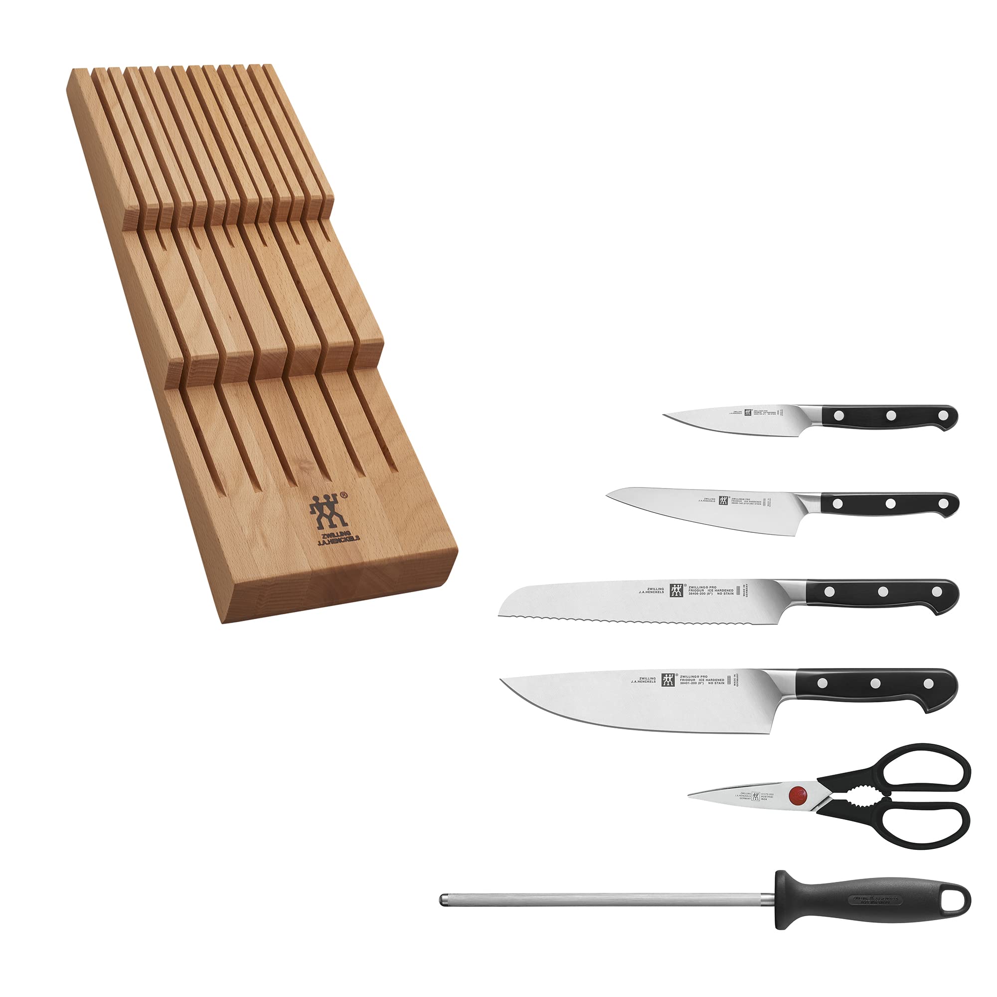 ZWILLING Professional S 7-Piece Razor-Sharp German Block Knife Set With Beechwood In-Drawer Knife Tray, Made in German Factory with Special Formula Steel perfected for almost 300 Years