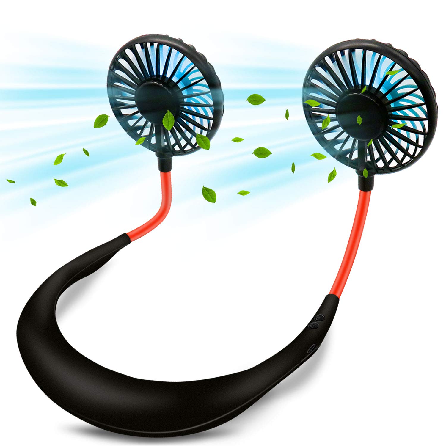 USB Neck Hanging Fan Personal Hands-Free Fan Neckband Fan - Rechargeable 2000mAh/Colorful LED/3 Speeds/360 Degree Headphone Design for Home, Sport, Camping, Beach, Travel, Office - Black