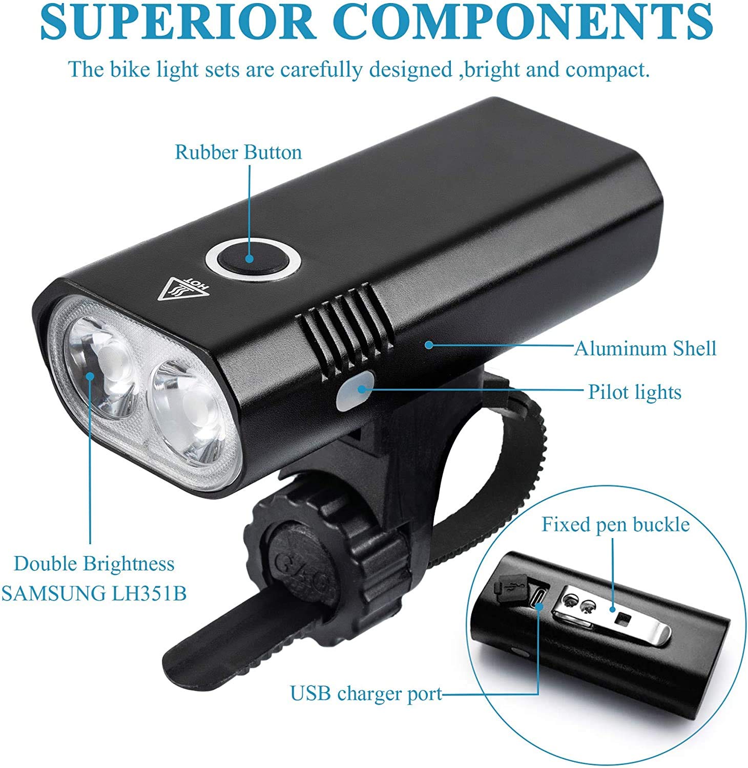 USB Rechargeable 2 LED Bike Lights Set, Super Bright Front and Back Rear Bicycle Light Combo, IPX5 Waterproof 800LM Cycling Light, Mountain Road Helmet Cycle Headlight and Taillight Set (5 Modes)