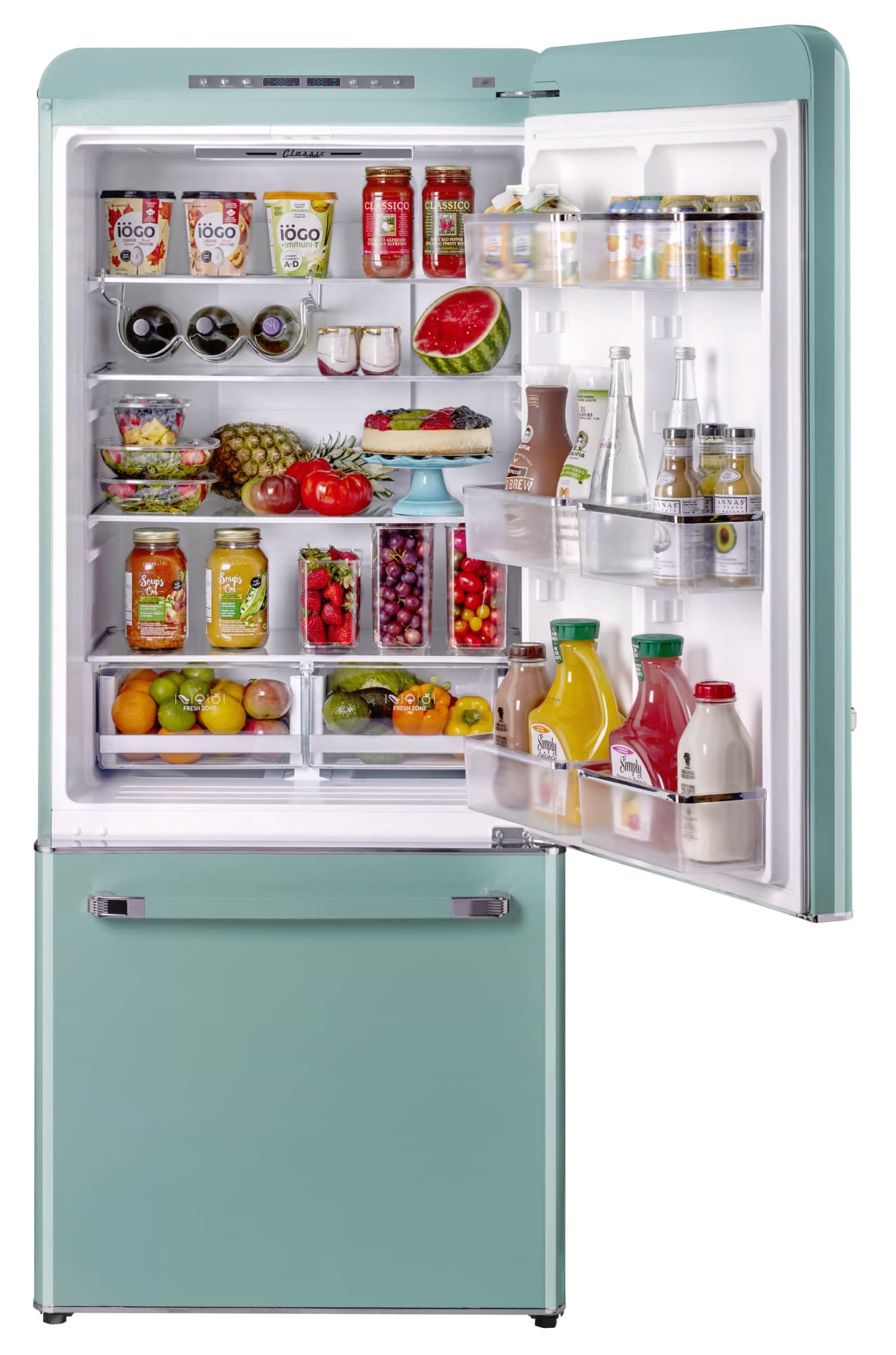 Unique Appliances UGP-510L W AC Classic Retro Electric Bottom-Mount Refrigerator, Marshmallow White; No Frost; Adjustable Glass Shelves; 18 cu. ft; Adjustable 3-bottle Wine Rack; LED Lighting