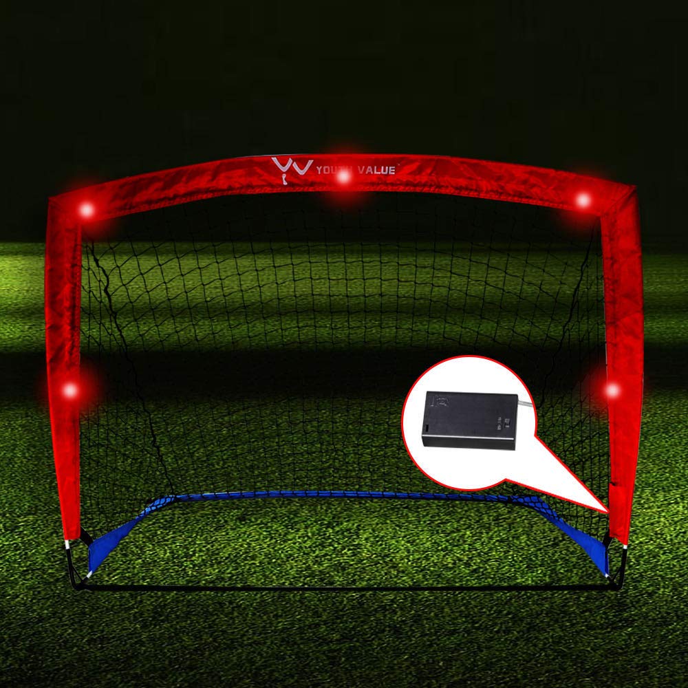 YV YOUTH VALUE 4ft x 3ft LED Soccer Goals W' LED Strips for Playing at Nightfall, Easy Fold Up Set of 2 Portable Soccer Goal Nets