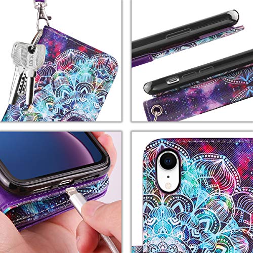 Vofolen Case for iPhone XR Case Wallet Leather PU Flip Cover Folio Detachable Magnetic Slim Shell Dual Layer Heavy Duty Protective Bumper Armor Wristband Card Holder for iPhone XR 10R Flower Mandala