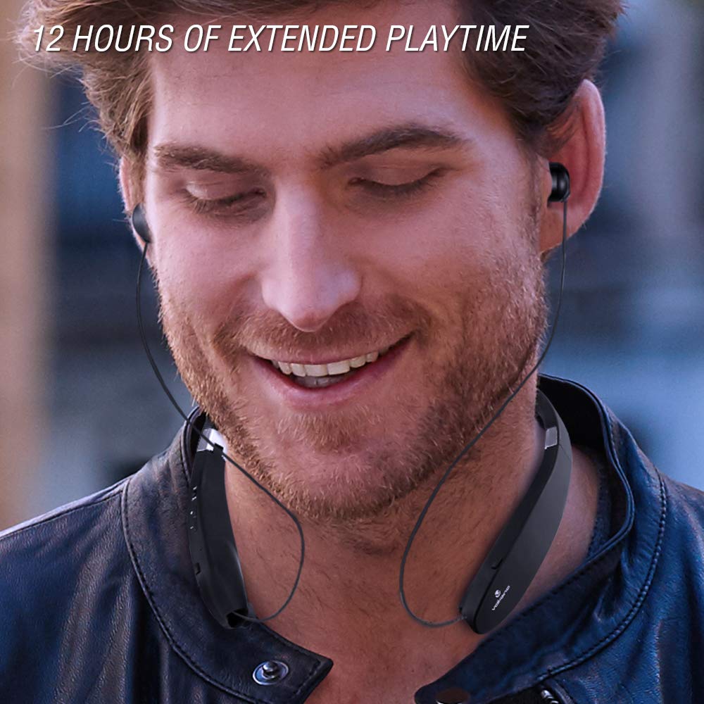 Volkano Retractable Bluetooth Neckband Earphones, Hands-Free Calling, Integrated Controls with Built-in Microphone for Clear Calls, Long Playtime, Lightweight Wireless Headset [Black] - Cravat Series