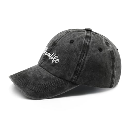 Waldeal Women's Adjustable Embroidered Mom Life Hat Vintage Washed Baseball Cap Black