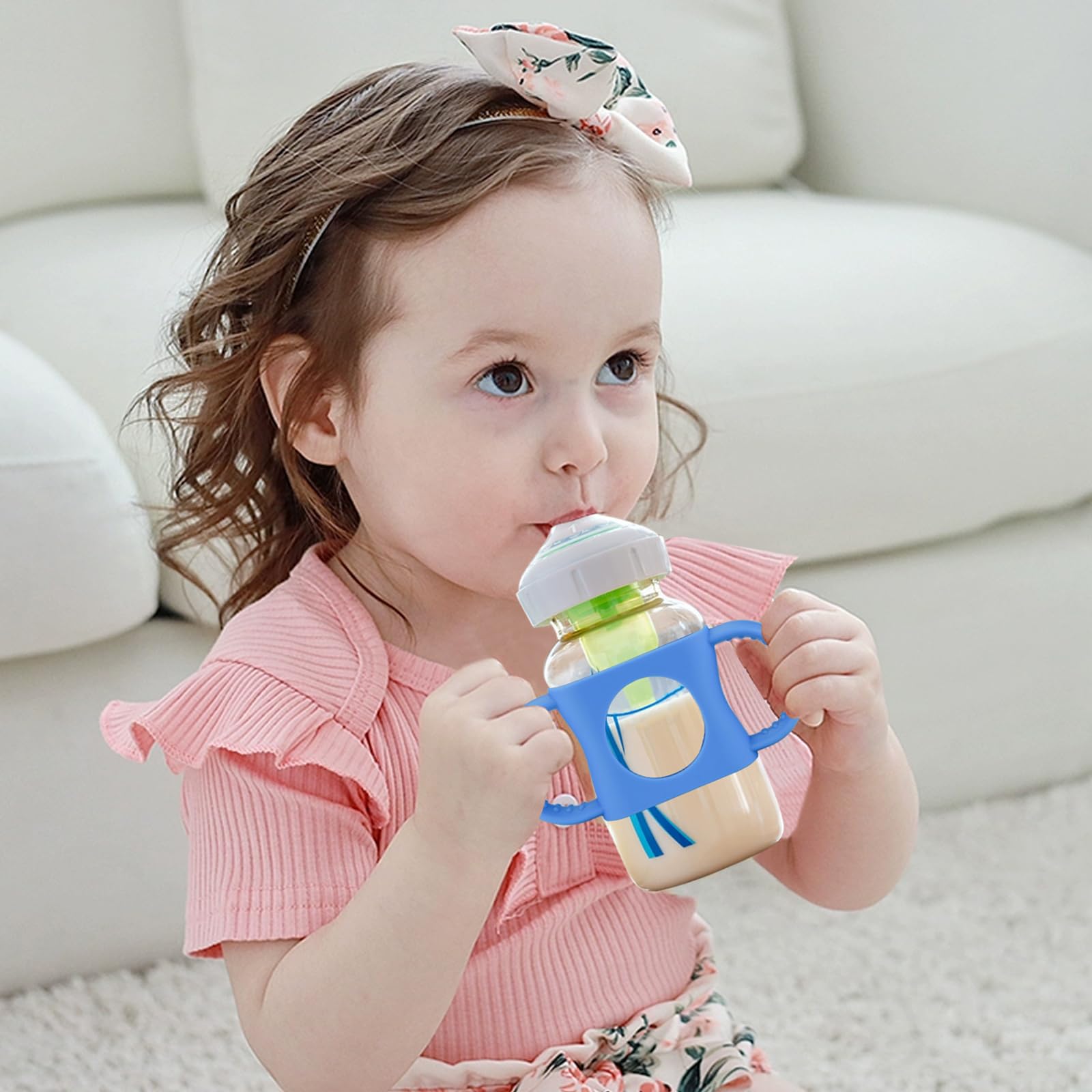 Wide Neck Bottle Handles for Dr Brown, 2 Pack Baby Bottle Holder 100% Silicone, BPA Free, Dishwasher Safe, Baby Grasp Teaching, Hands Free Feeding, Pink and Blue