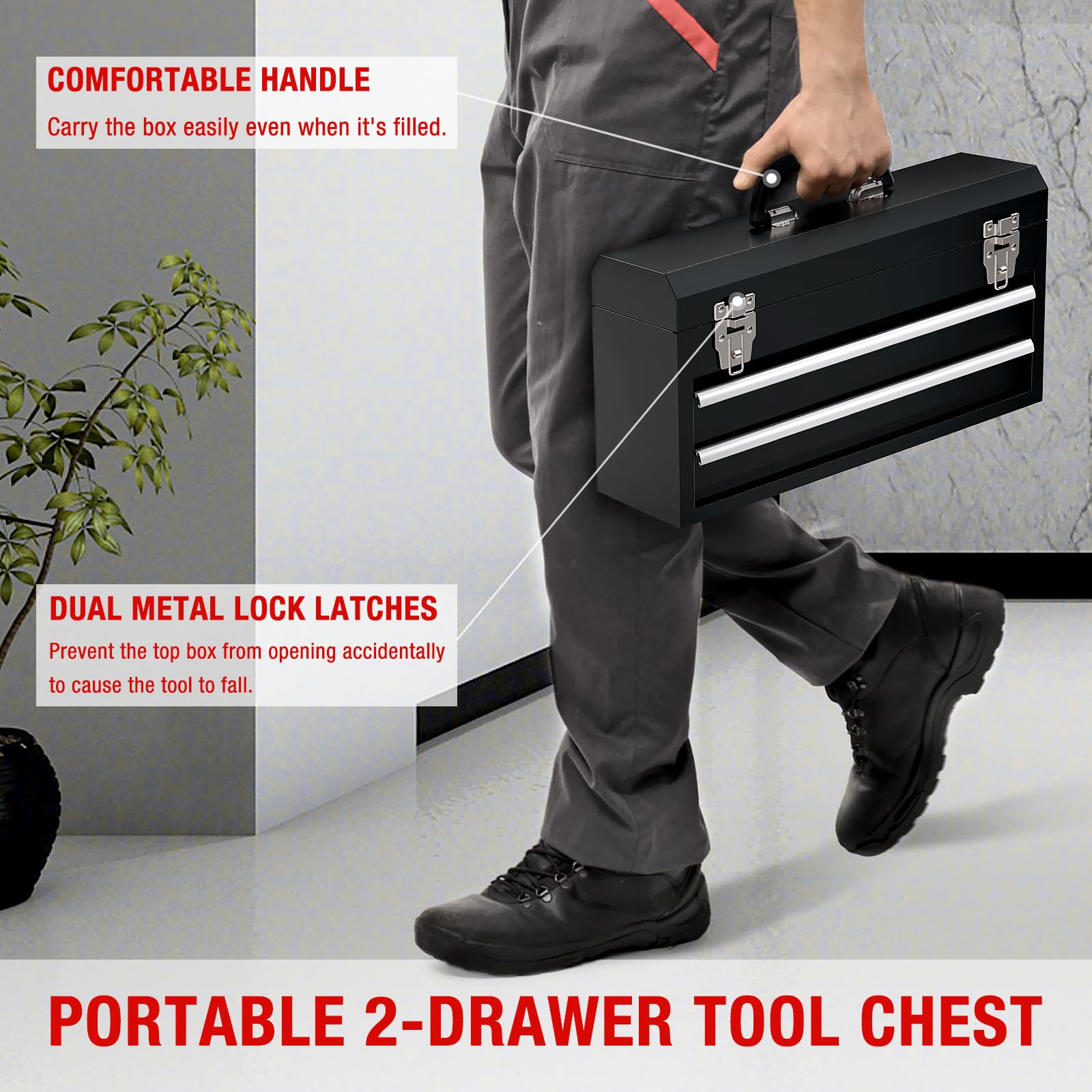 UNITEDPOWER Portable Metal Tool Box,2-Drawer Steel Organization Micro Tool Chest for Household, Warehouse, Repair Shop, Black