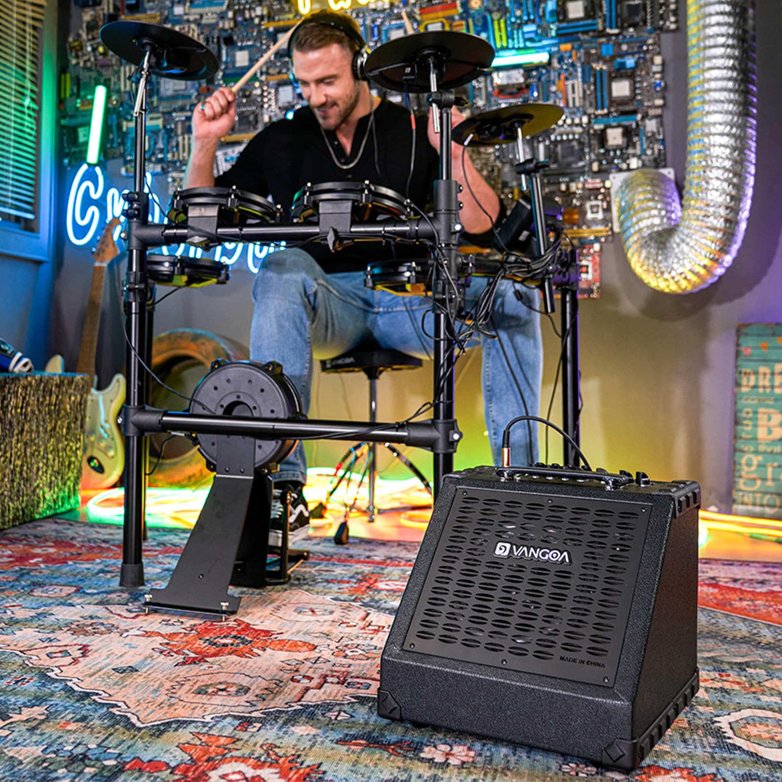 Vangoa Electric Drum Amp 65W Professional Wireless Electronic Drum Amplifier Speaker 3-Band EQ USB E Drum Personal Monitor Keyboard Speaker, Black