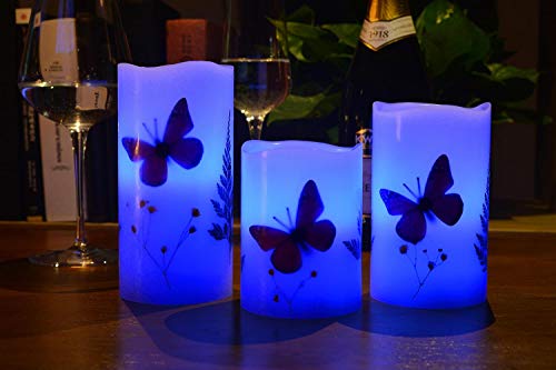 UNIVELA Candles Set of 3 Flameless 4" 5" 6" Unscented Tealight Butterfly Flower Plants Decor Real Wax Pillar Candle LED Lights 12 Color Changing 4H 8H Timer Remote Control AAA Batteries Operated