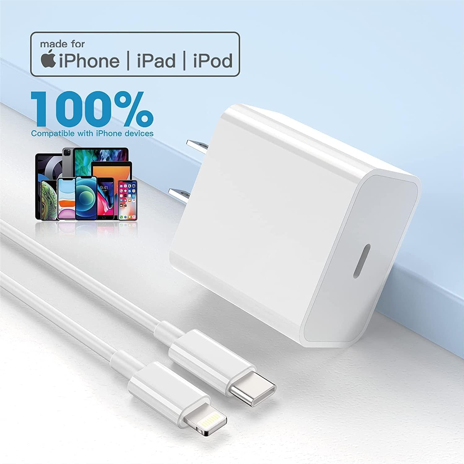 Wall Fast Charger 20W USB C Power Delivery Wall Charger Plug with Type C to Cable Quick Charging Data Sync Cord for iPhone14 13 12 11 Pro Max Mini Xr X Pad
