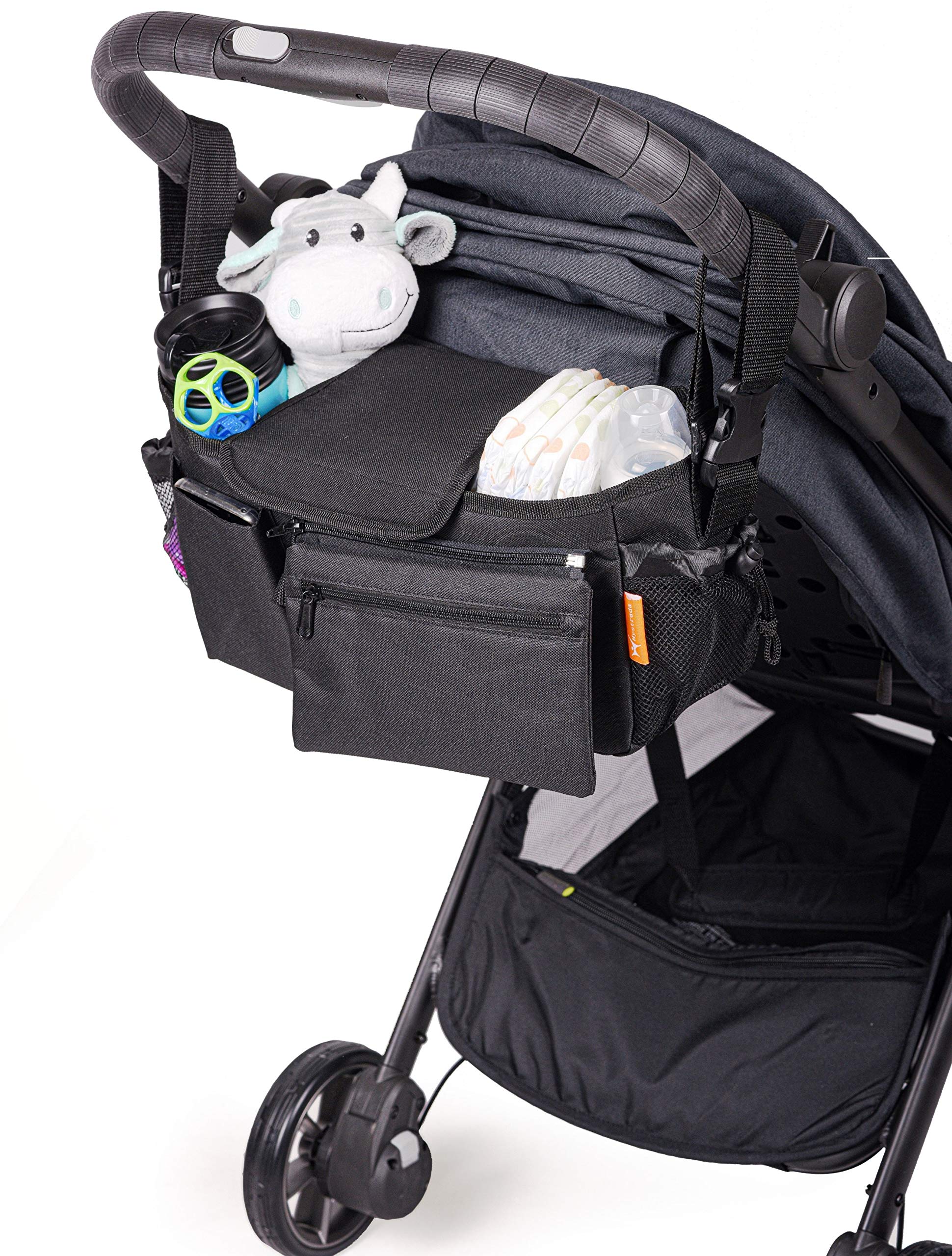 Universal Baby Stroller Organizer –Black Universal Stroller Caddy with Detachable Wristlet, Insulated Cool Bag Insert and Multi-Pocket Storage – Adjustable Shoulder Strap and 2 Bonus Stroller Hooks