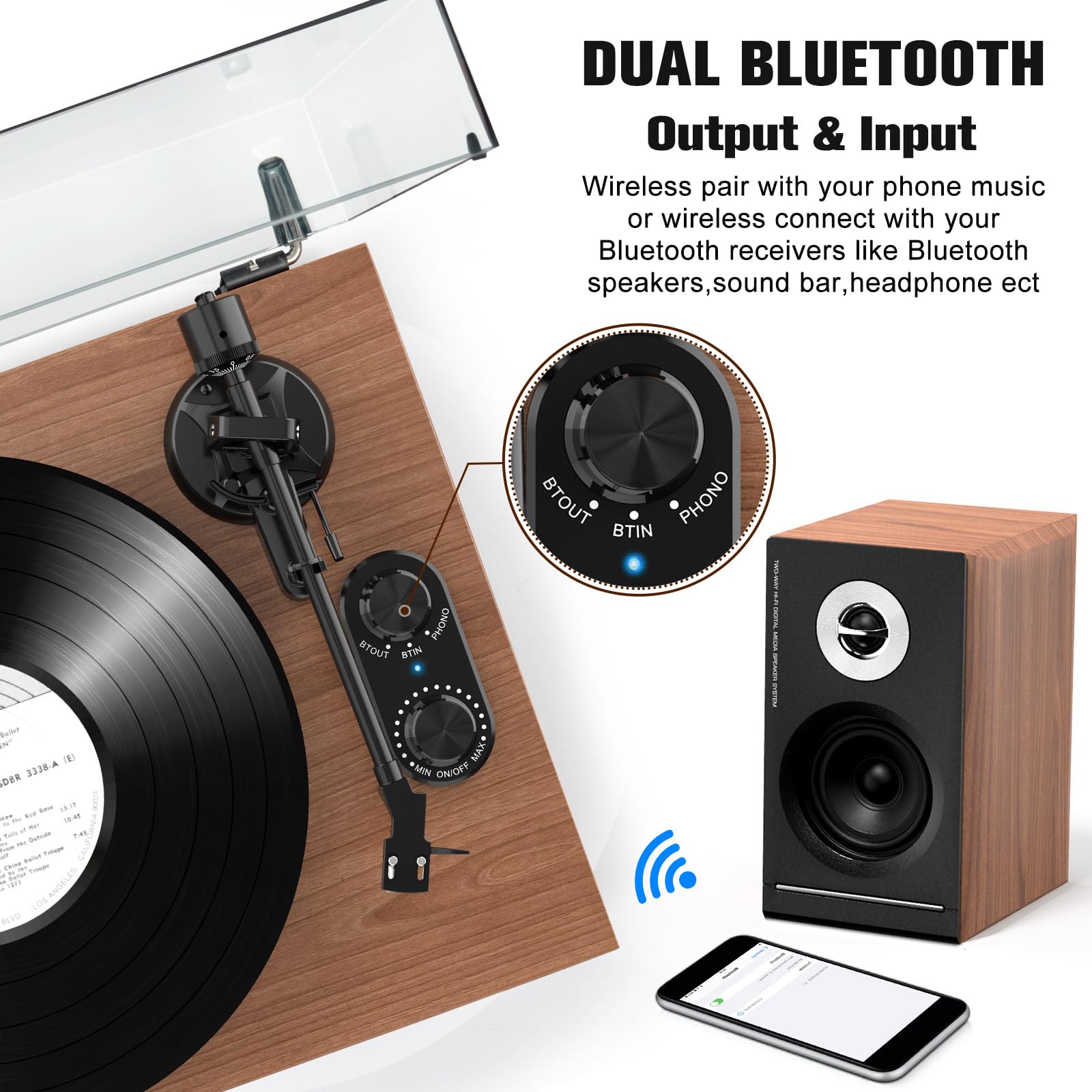 Vinyl Record Player with 40W Speakers and Bluetooth Output Input,Turntable with Built-in Preamp,AT-3600L Cartridge,USB Record,Pitch and Counterweight
