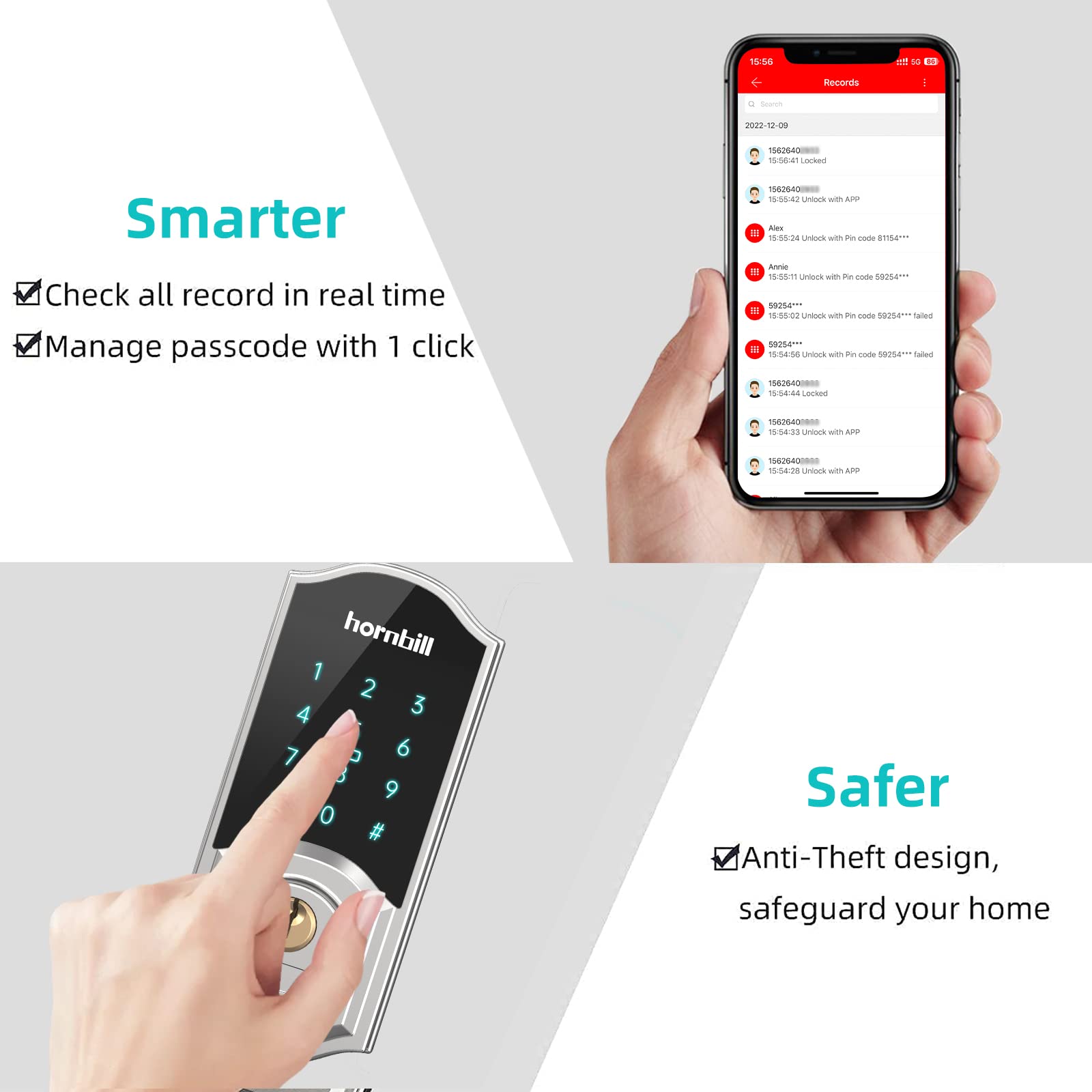WiFi Smart Locks Deadbolt with Keypad, Hornbill Keyless Entry Digital Front Door Lock with Gateway Hub, Bluetooth Electronic Touchscreen Auto Code Lock Work with Alexa,Free App Control for Home Office