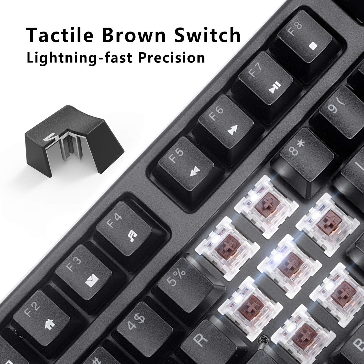 VELOCIFIRE Wireless Mechanical Keyboard, TKL02WS 87 Key Ergonomic with Brown Switches, White LED Backlit for Copywriters, Typists, and Programmers