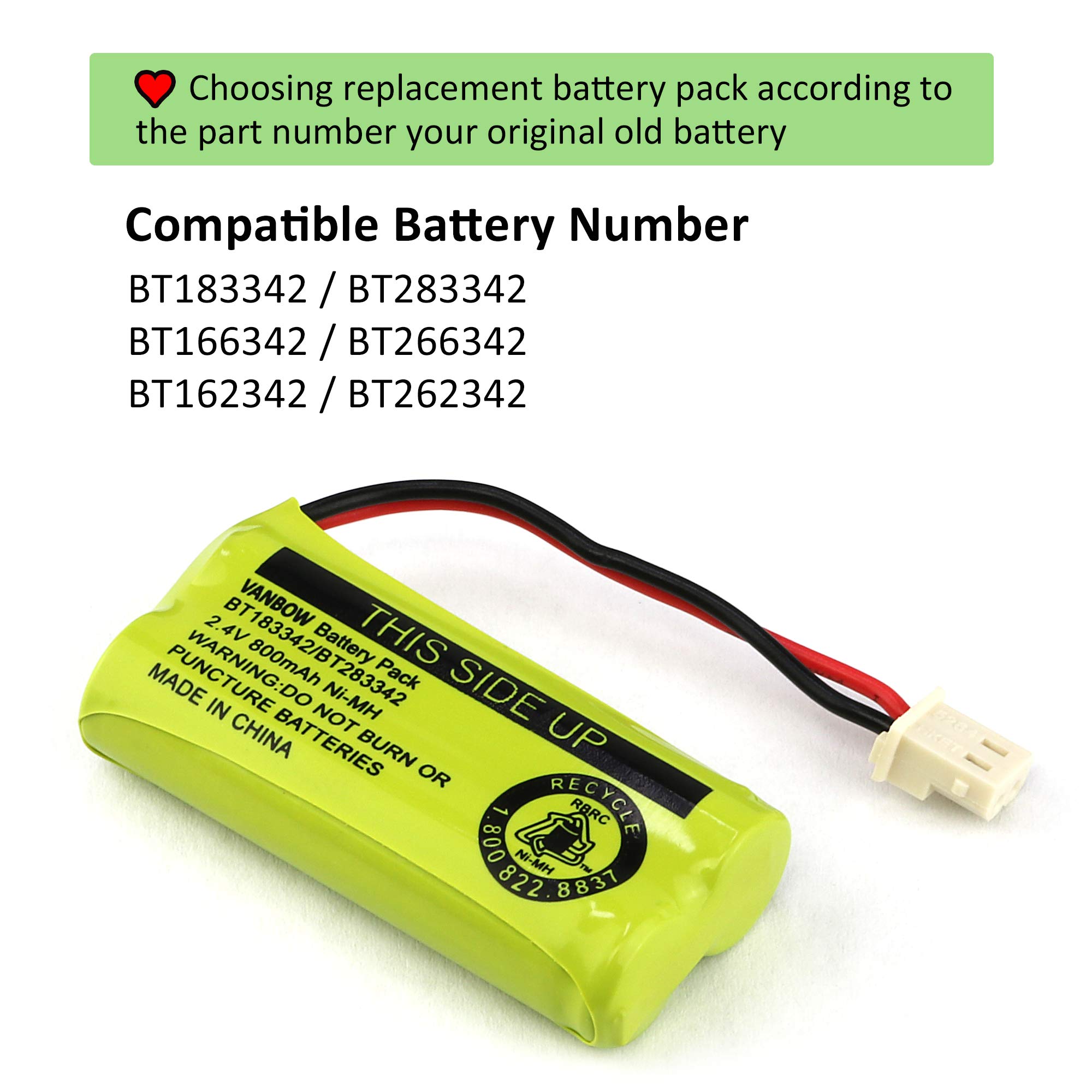 VANBOW BT183342/BT283342 2.4V 800mAh Ni-MH Battery Pack, Compatible with AT&T VTech Cordless Phone Batteries BT166342/BT266342 BT162342/BT262342 CS6709 CS6609 CS6509 CS6409 EL52100 EL50003 (Pack 2)