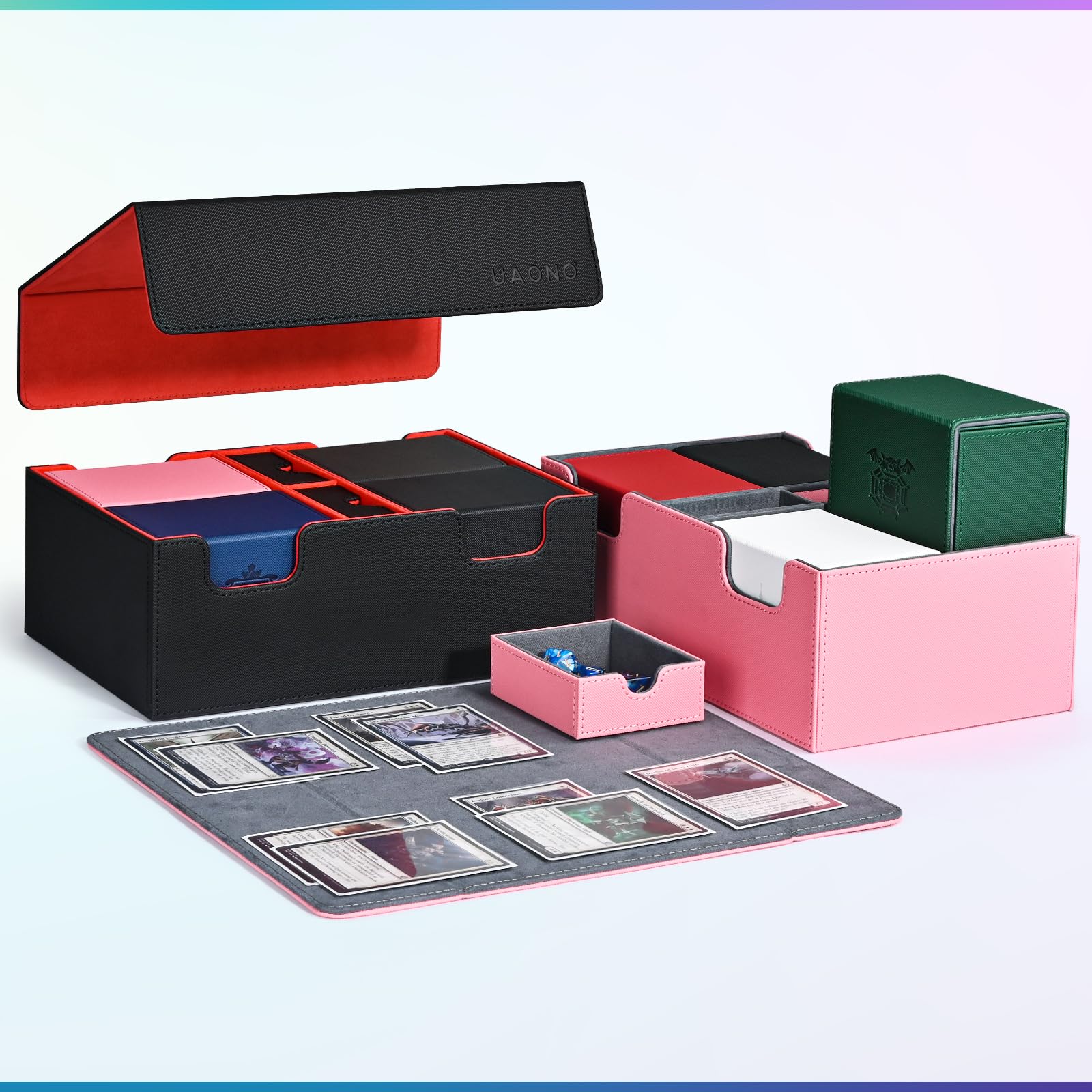 UAONO Card Deck Box with 4 PCS MTG Deck Box for Trading Cards, PU Leather Card Storage Box Holds 900+ Sleeved Cards, Large Card Deck Case Holder for Commander Yugioh PTCG Gaming Cards (Black&Red Set)