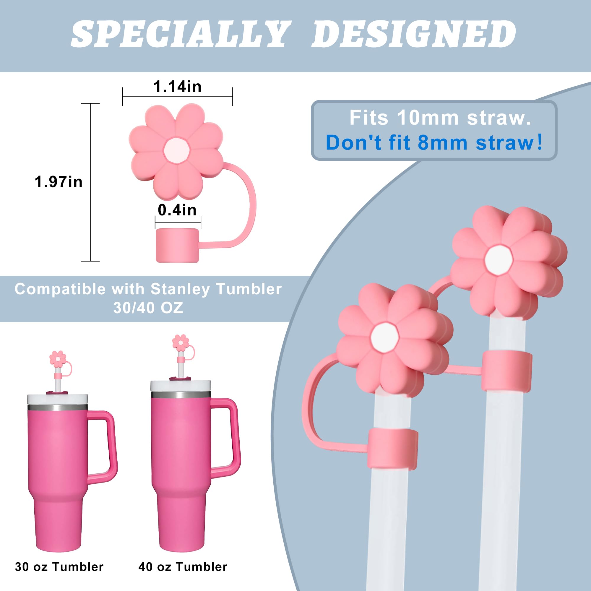 UBEEKOO Tumbler Cup Boot and Straw Covers Cap, Compatible with Stanley Tumbler 30/40oz, Including 1 Protective Silicone Boot and 1 Straw Toppers,Pink White Daisy 10mm