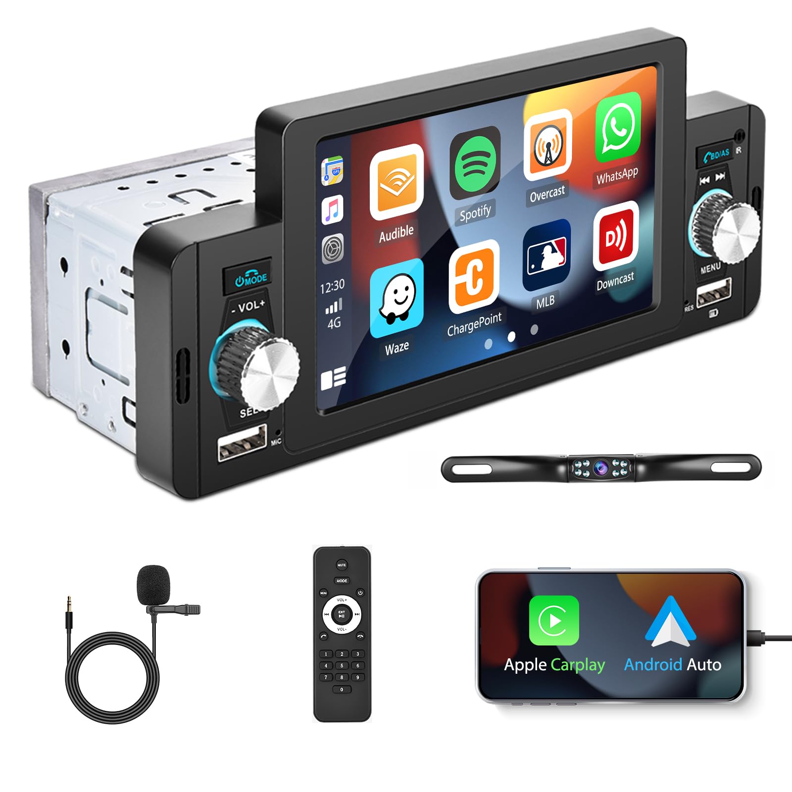 UNITOPSCI 5 Inch Single Din Touchscreen Car Stereo Compatible with Apple CarPlay Android Auto Bluetooth 5.1 Car Radio Receiver Mirror Link FM MP5 Player Dual USB EQ Media Player +Backup Camera Mic