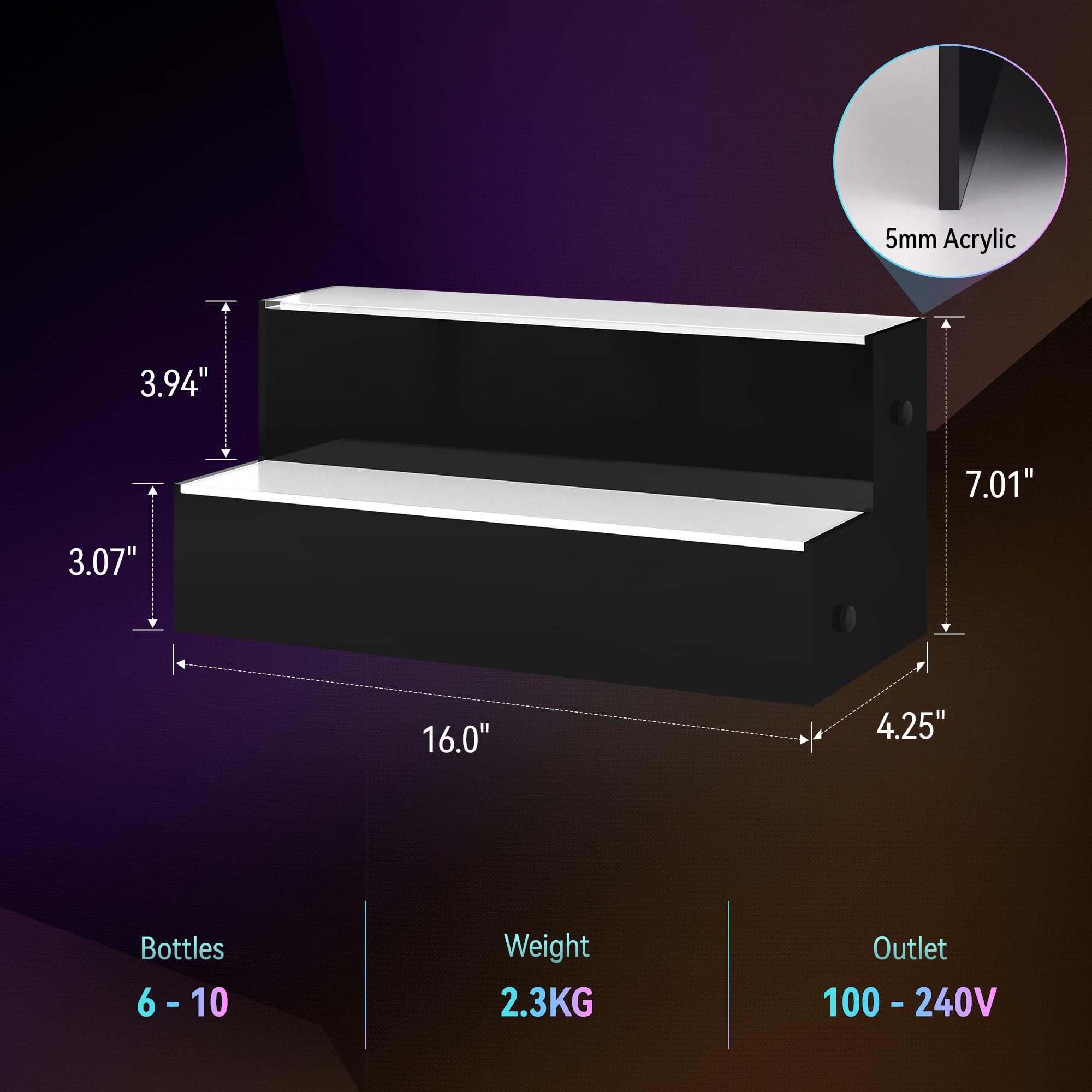 Warmiehomy LED Lighted Liquor Bottle Display Shelf, 16" 2 Step Acrylic Bar Shelves for Liquor Bottles, Alcohol Whiskey Shelves with Smart App & Remote Dual Control for Home Commercial Bar Drinks