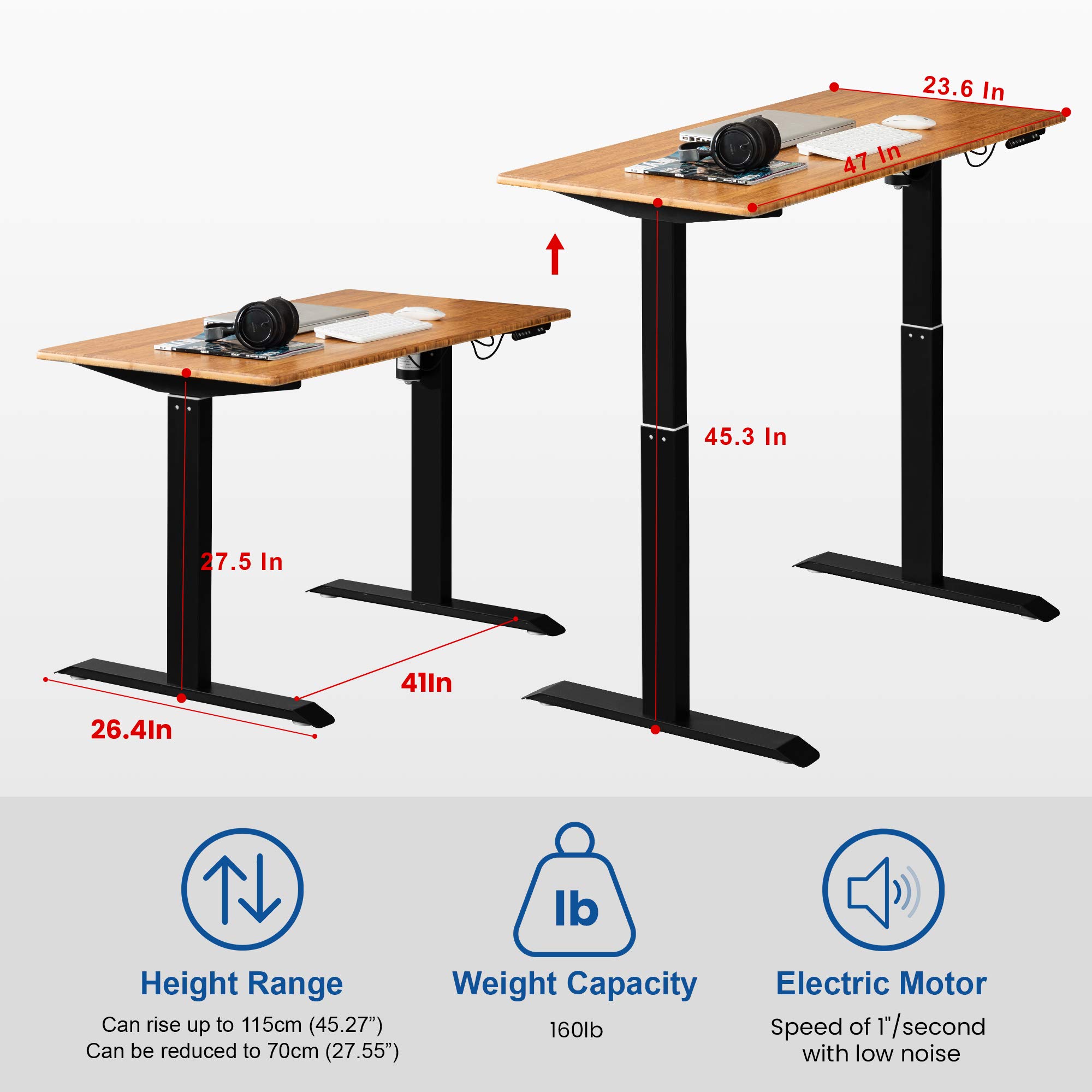 Zoopolyn Electric Standing Desk with Whole Piece Bamboo Board 48"X24" Height Adjustable Desk for Home Office Black Frame Carbonized Top