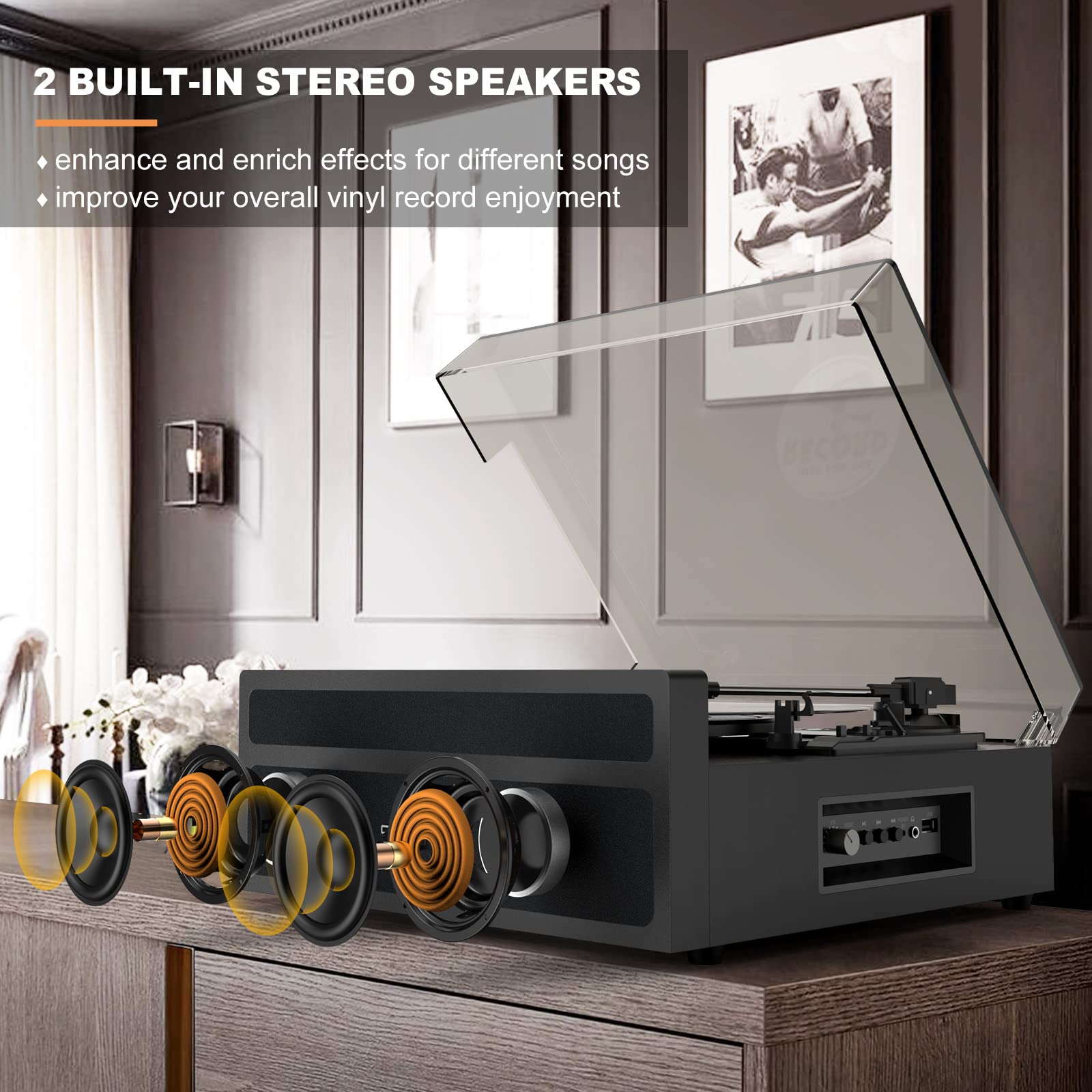 Vinyl Record Player Bluetooth with Built-in Speakers, 3 Speed Belt-Drive Turntable for Vinyl Records, Headphone Jack, RCA Line Out, Auto Stop