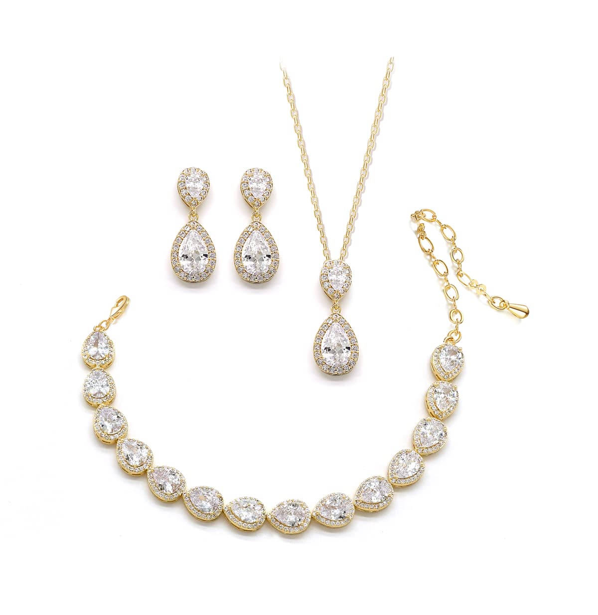 UDYLGOON Cubic Zirconia Crystal Bridal Jewelry Set for Bride Bridesmaid Wedding Prom Teardrop Necklace Earrings Bracelet Jewellery Set (Gold)