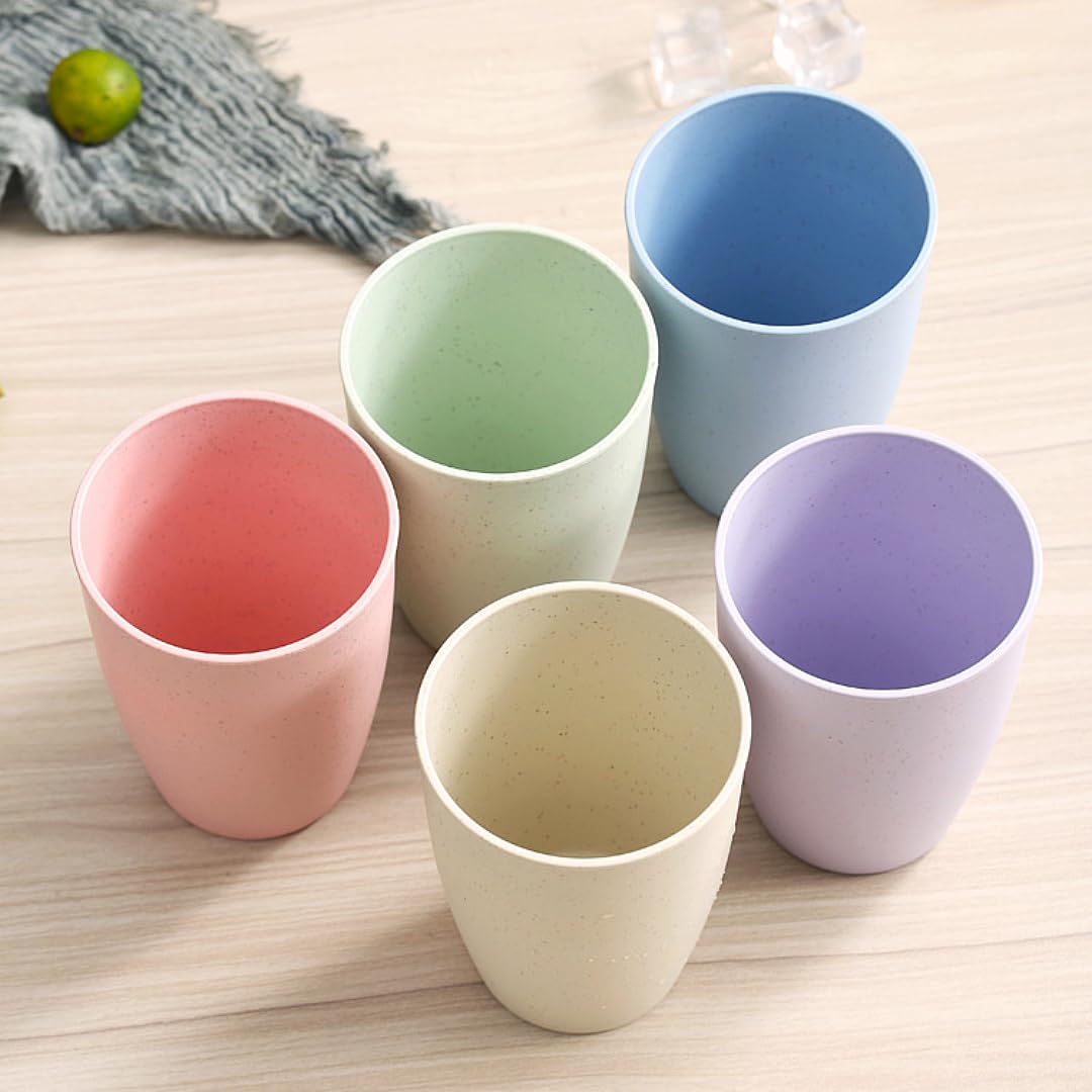 ZORRITA 5 Pack 12 oz Wheat Straw Cups, Reusable Plastic Drinking Cups Unbreakable Water Glasses Dishwasher Safe Tumblers for Juice, Soda, Milk, Coffee