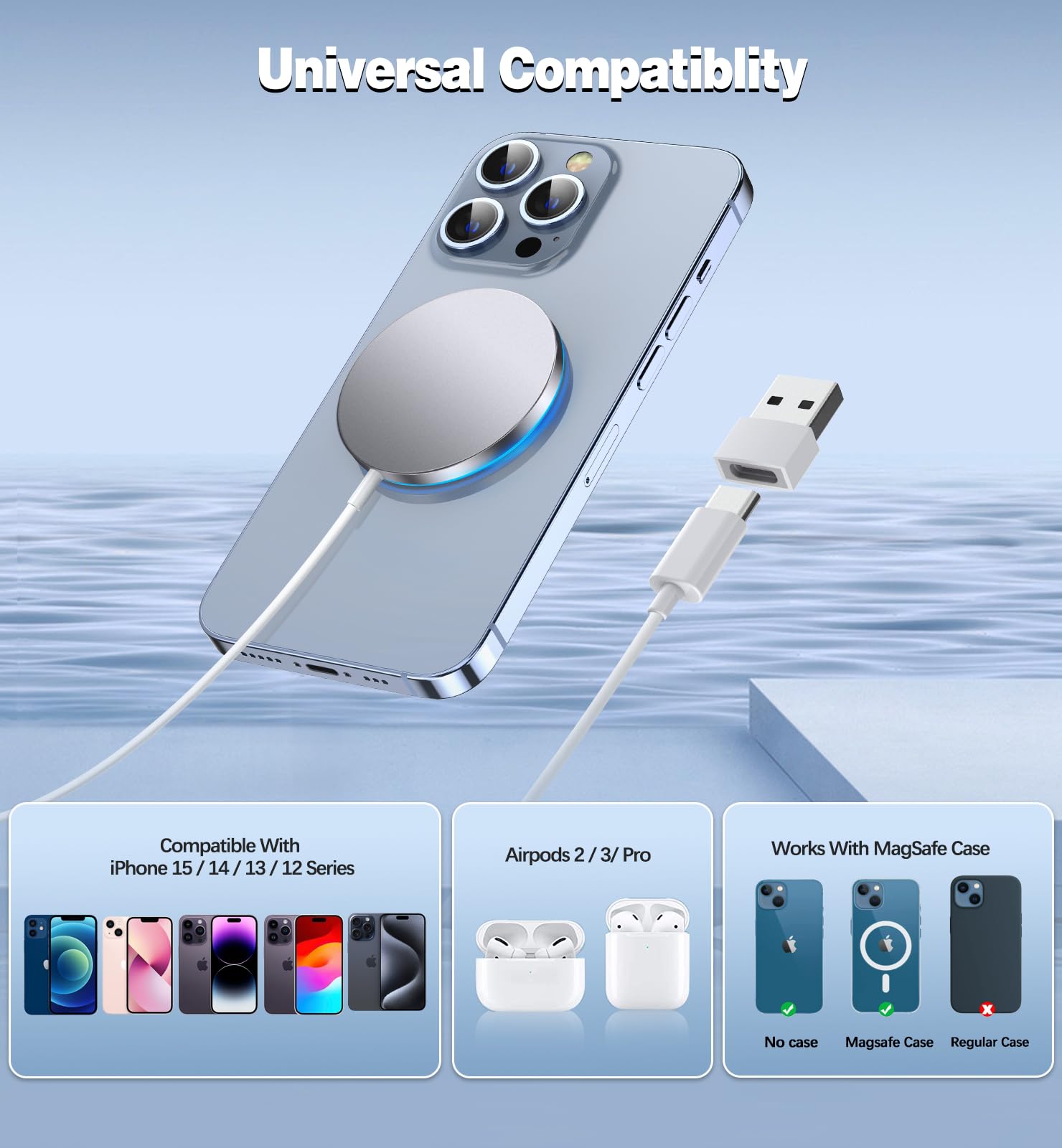 XEITIN Magnetic Wireless Charger 15W Fast Charging Apple MagSafe Charger for iPhone 15/14/13/12 Pro/Max/Plus/Mini and AirPods 3/2/Pro 2/Pro Portable Magnet Charger Pad with Dual Charging Ports