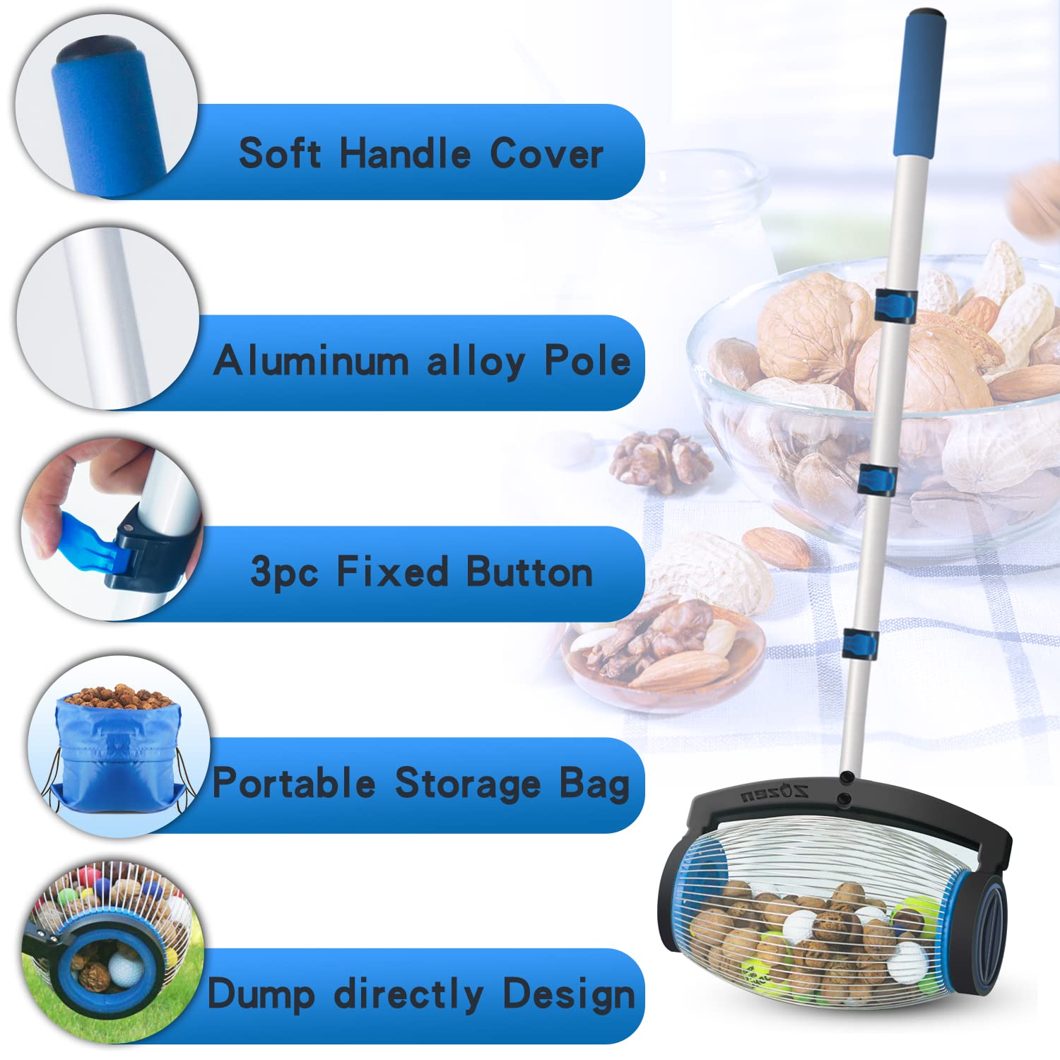 Zozen Nut Gatherer, Walnut Picker Upper Roller, Pinecone Picker Upper - Side Opening Dump | Apply to Walnut, Pecan, Hickory, Chestnuts, Buckeyes, Golf, Crab Apple Objects Size 1'' to 2.5''; 1.5 Gallon