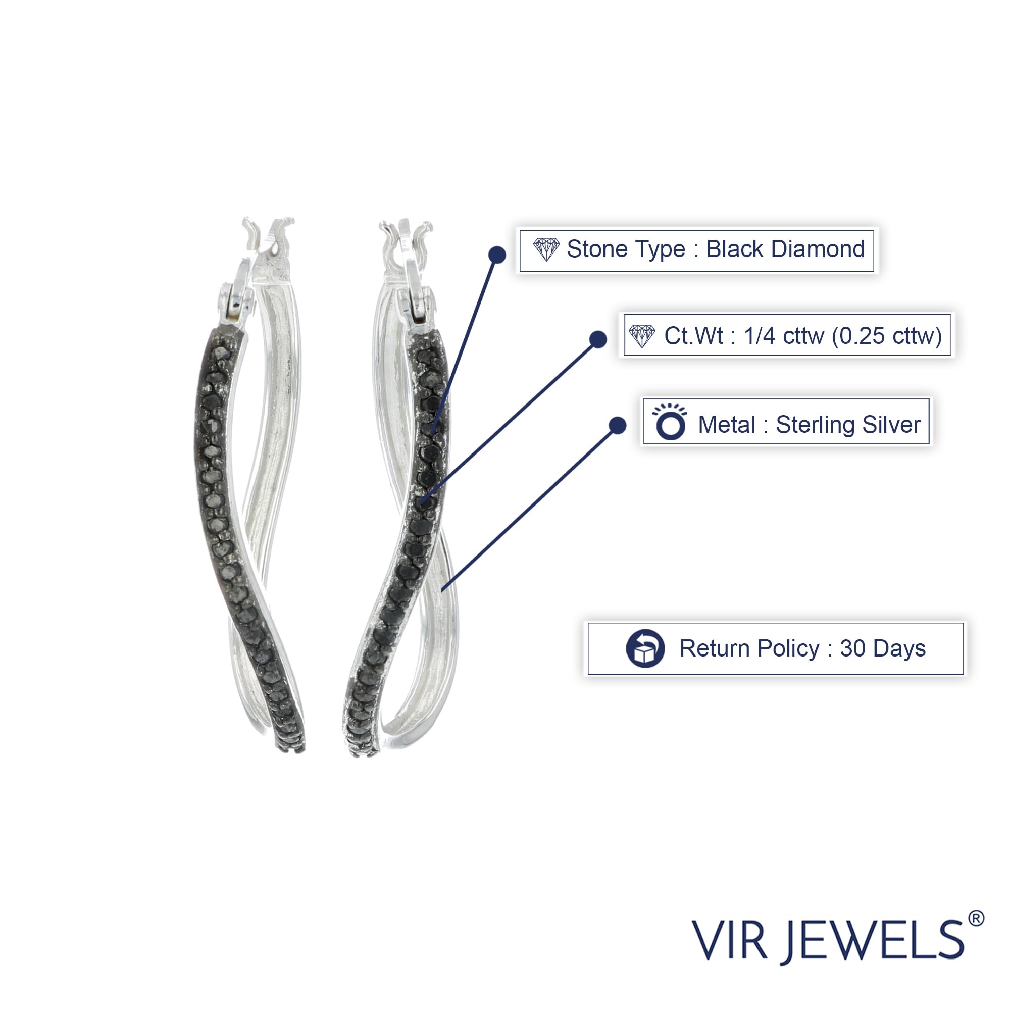 Vir Jewels 1/4 cttw Black Diamond Hoop Earrings in .925 Sterling Silver 1 Inch