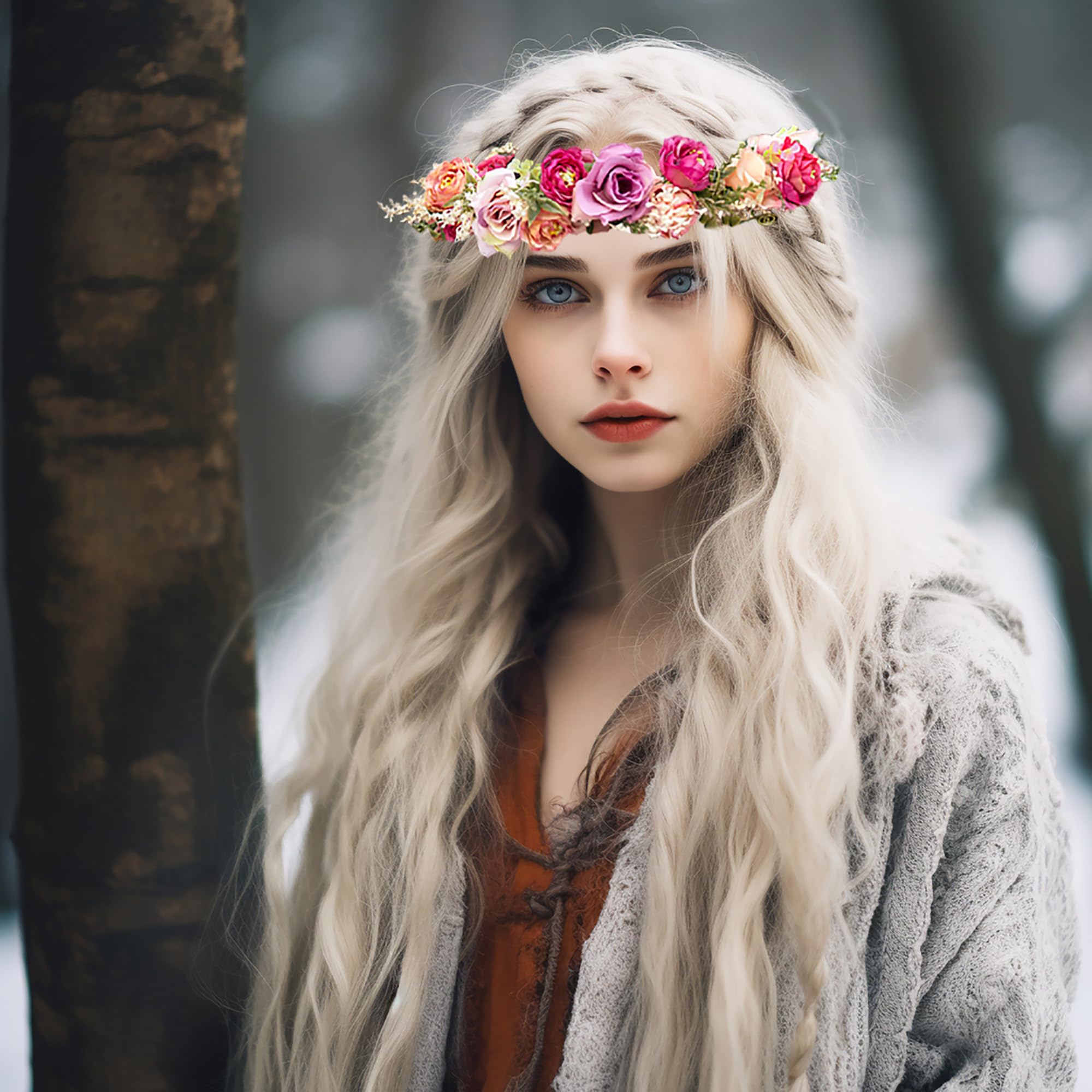 Vivivalue Rose Flower Crown Adjustable Flower Headband Hair Wreath Floral Headpiece Halo Boho with Ribbon Party Wedding