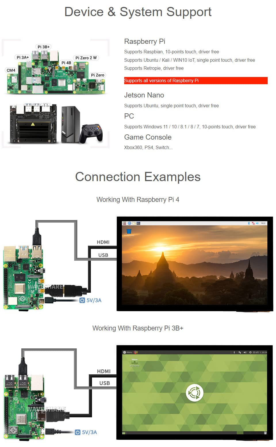 waveshare 10.1inch Capacitive Touch Screen LCD Compatible with Raspberry Pi 5/4B/3B+/3A+/2B/B+/A+/Zero/Zero W/WH/Zero 2W CM3+/4 1024×600, HDMI IPS 10-Points Touch Supports Windows/Jetson Nano