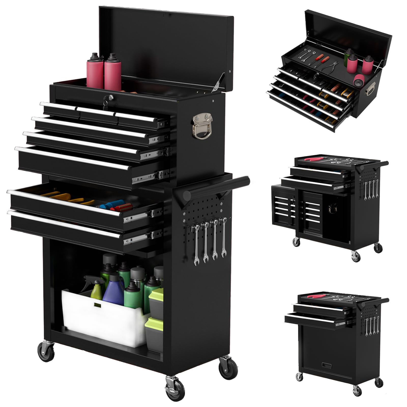 Yaciente Large 8-Drawer Tool Chest, High Capacity Tool Chest with Wheels, Removable Rolling Tool Box with Wheels, Portable Toolbox on Wheels (Black)