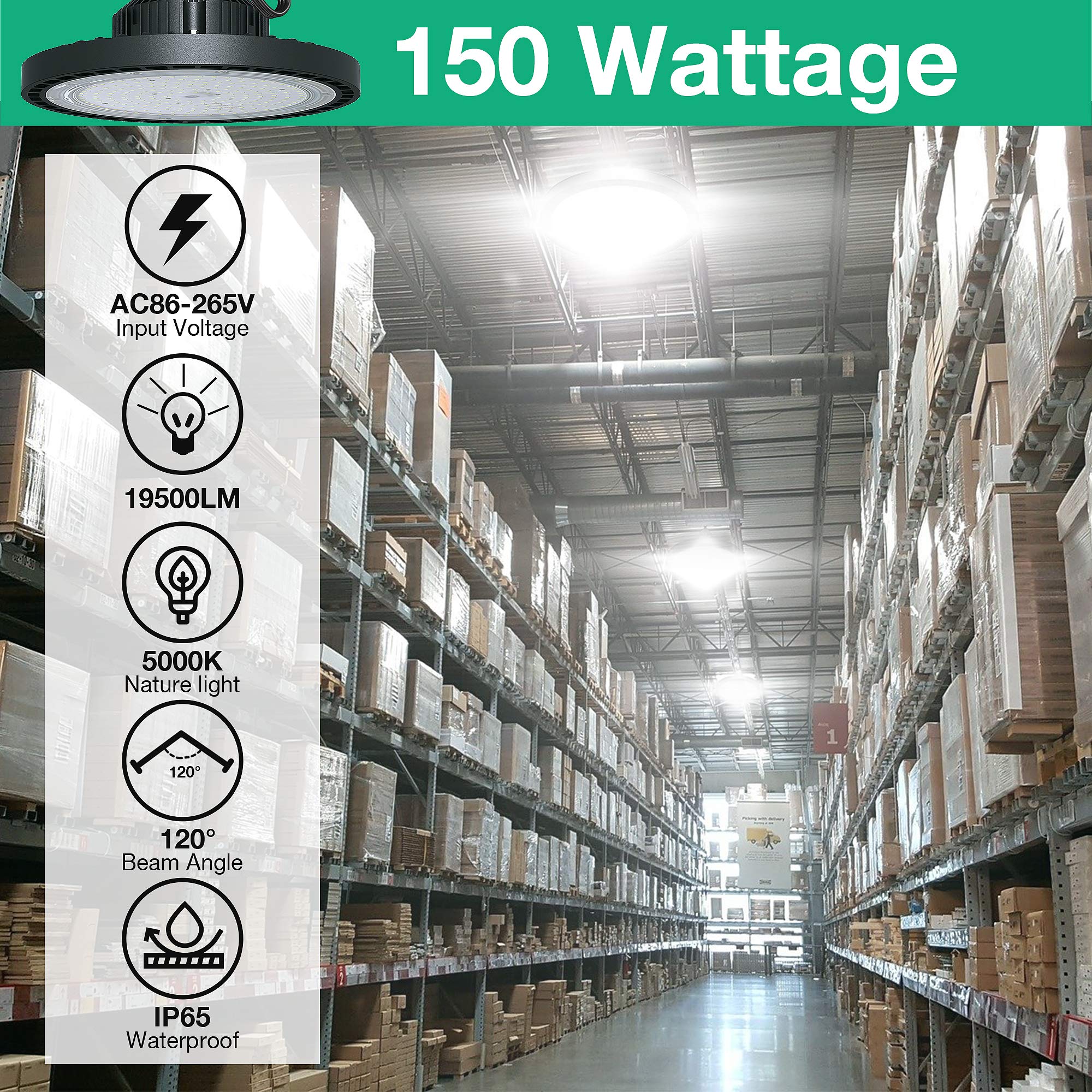 VCMAG 2 Pcs UFO LED High Bay Light, 150W, 21000 LM, 5000K Daylight, IP65 Waterproof, Commercial Warehouse/Workshop/Wet Location Area Lighting Fixture, Non-Dim, 5ft Cable with US Plug
