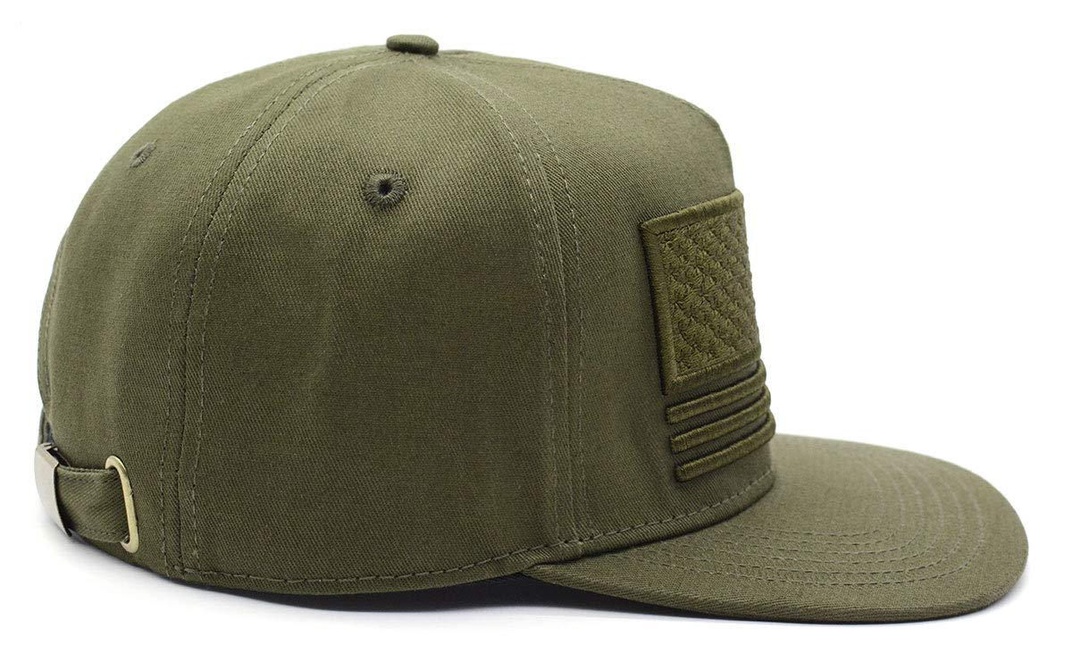 Uphily Olive Drab OD Green USA American Flag Flat Brim Bill Hat - High Profile Patriotic Snapback Baseball Cap for Men or Women
