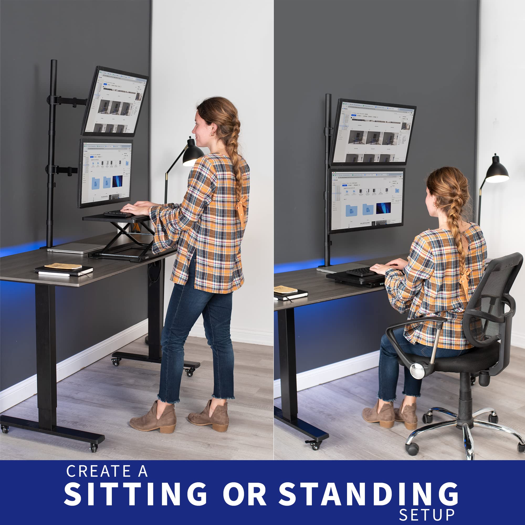 VIVO Extra Tall Vertically Stacked Dual Monitor Desk Mount Stand with 99 cm Stand-up Pole, Fully Adjustable Extended Arms, Fits 2 Screens up to 27 inches, STAND-V012T