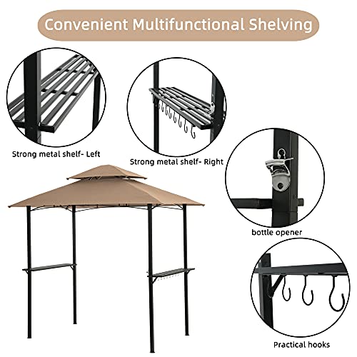 ZHYHSM-111 8x5 Ft Outdoor Grill Gazebo Shelter Tent 2-Tier Soft Top Canopy&Steel Frame with Hook&Bar Counters Khaki/Burgundy (Color : E)