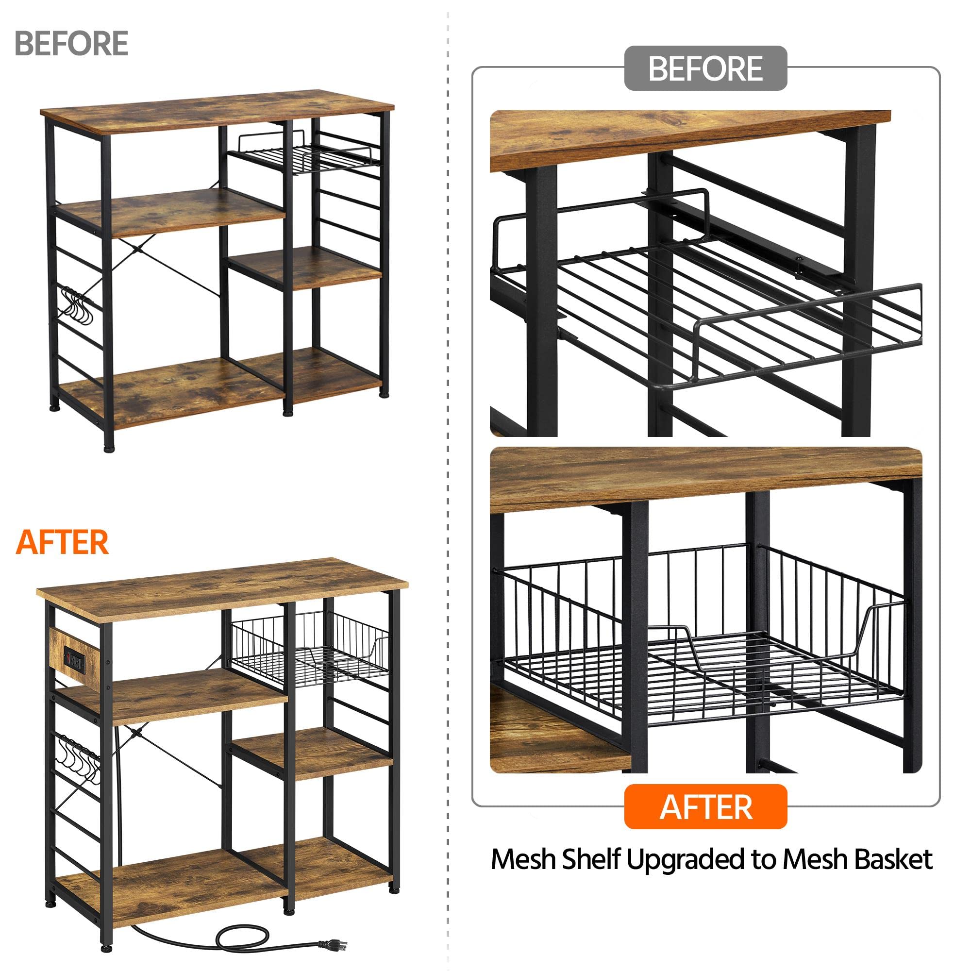 Yaheetech Kitchen Bakers Rack with Power Outlet & Wire Basket, Coffee Bar Microwave Stand with 6 Hooks, Freestanding Storage Shelf for Spices, Pots Pans, Rustic Brown