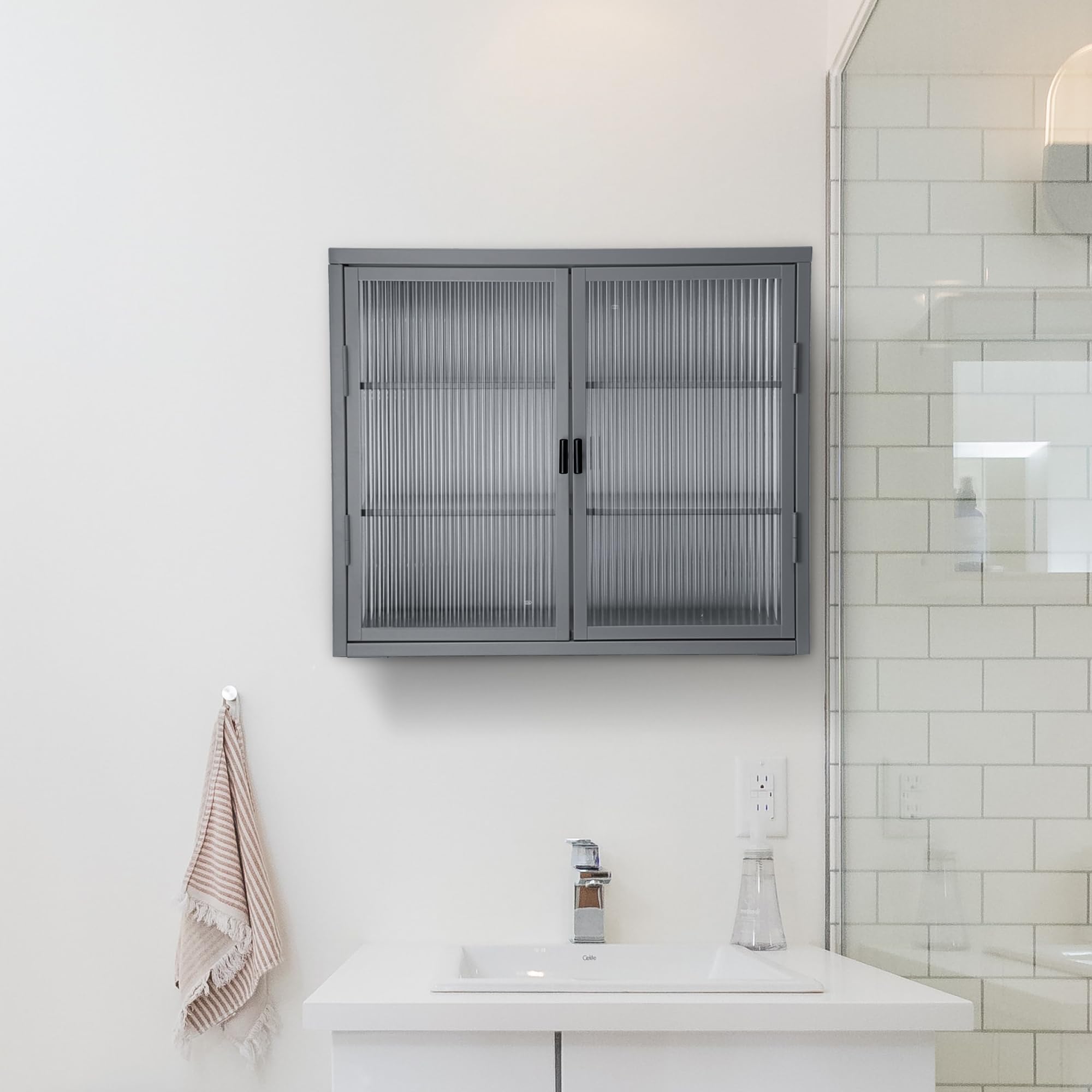 Zenaha Simple Modern Retro Double Glass Door Wall Mounted Cabinet with Removable Shelves Kitchen and Bathroom Wall Mounted Cabinet Storage Cabinet Shelves