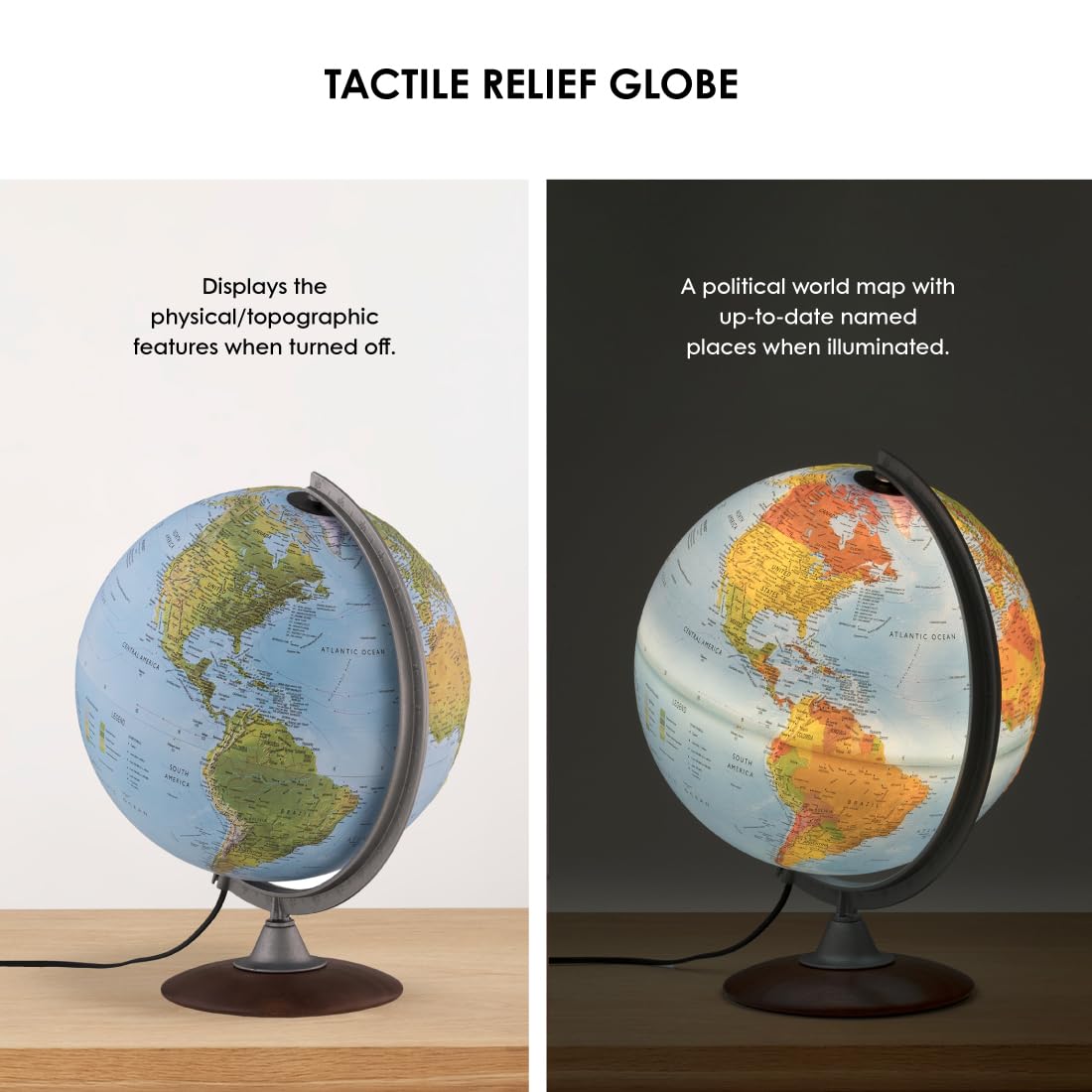 Waypoint Geographic Tactile Relief Globe, 12" Illuminated Blue Ocean-Style World Globe with Raised Relief, Up-to-Date Reference Globe, Decorative Globe for Home and Office Decor