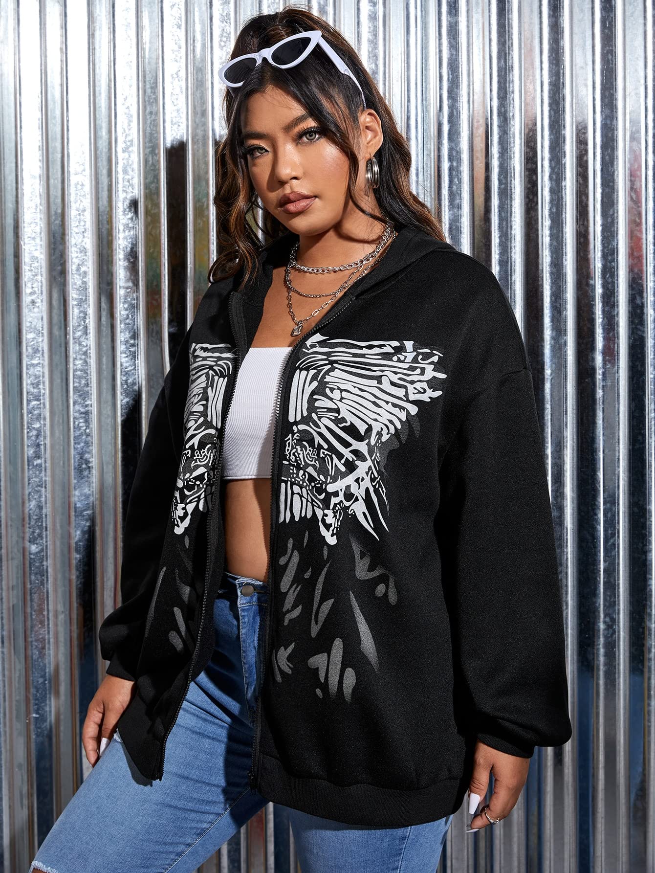 WDIRARA Women's Plus Size Butterfly Print Zip Up Drop Shoulder Hoodie Sweatshirt Black 1XL