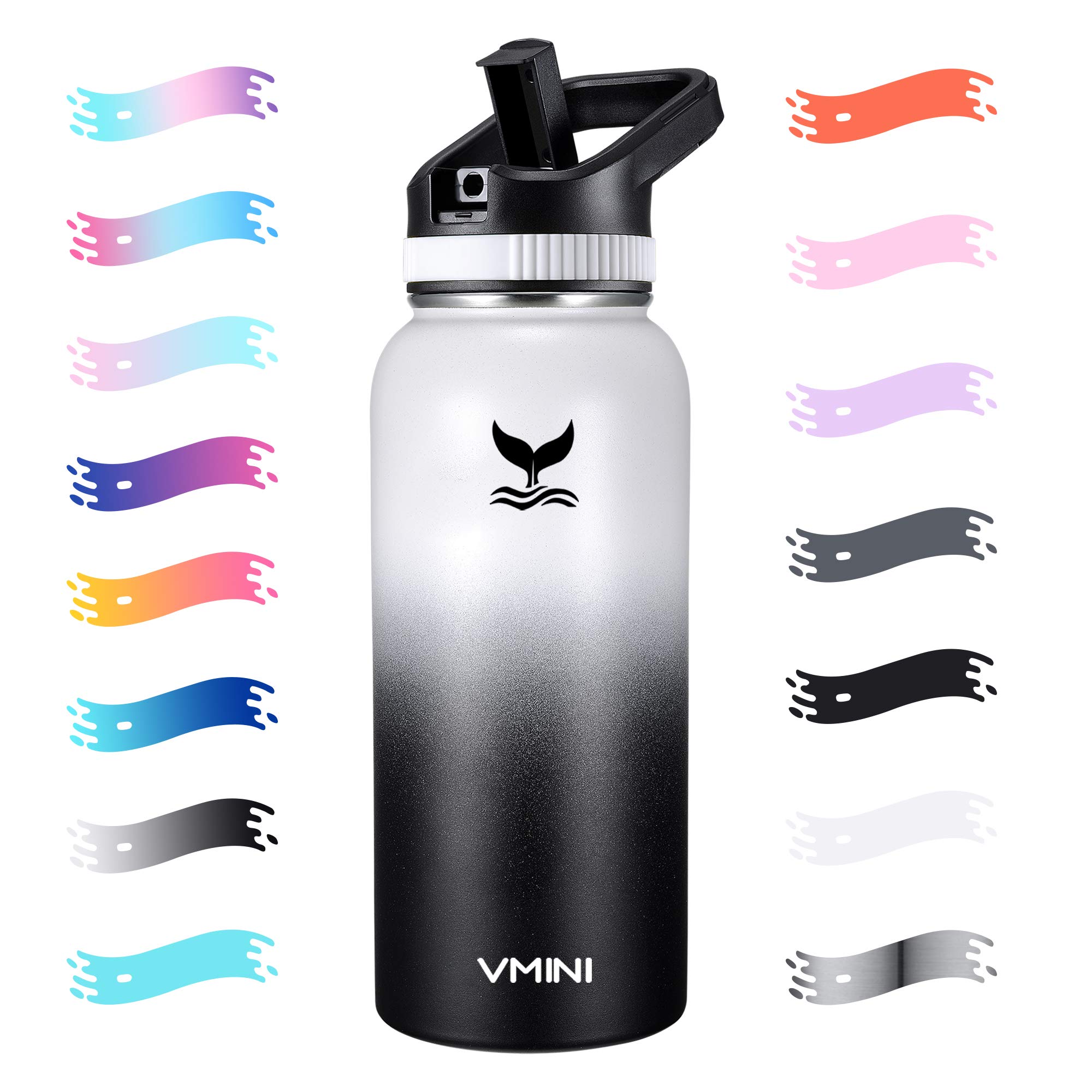 Vmini Water Bottle with Straw, Wide Sturdy Straw Lid with Dust Proof Cap, Wide Mouth Vacuum Insulated Stainless Steel Water Bottle, Gradient White+Black, 32 oz